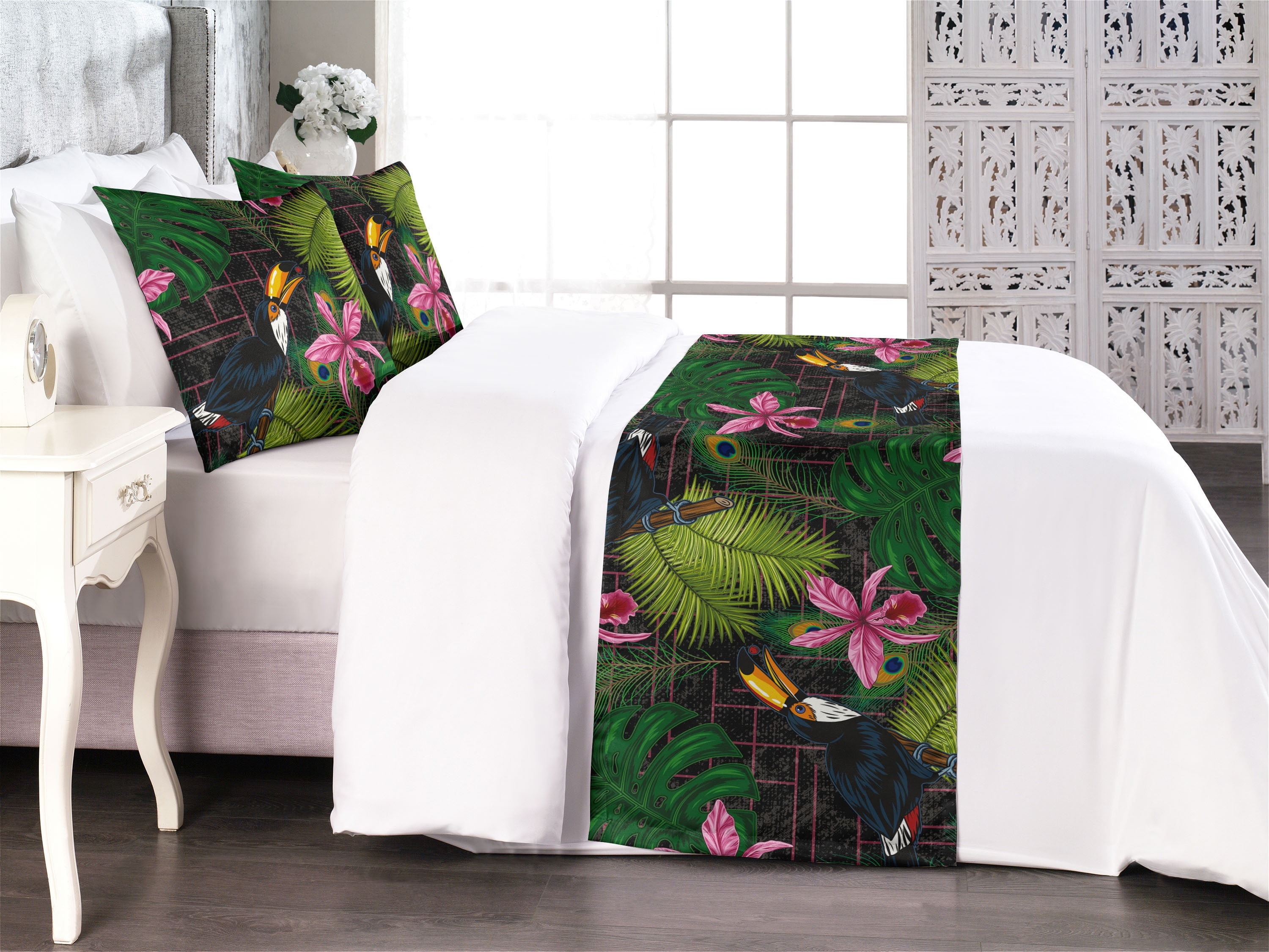 Jungle Bed Runner Set, Toucans Palms Monsteras and Peacock Feathers on ...