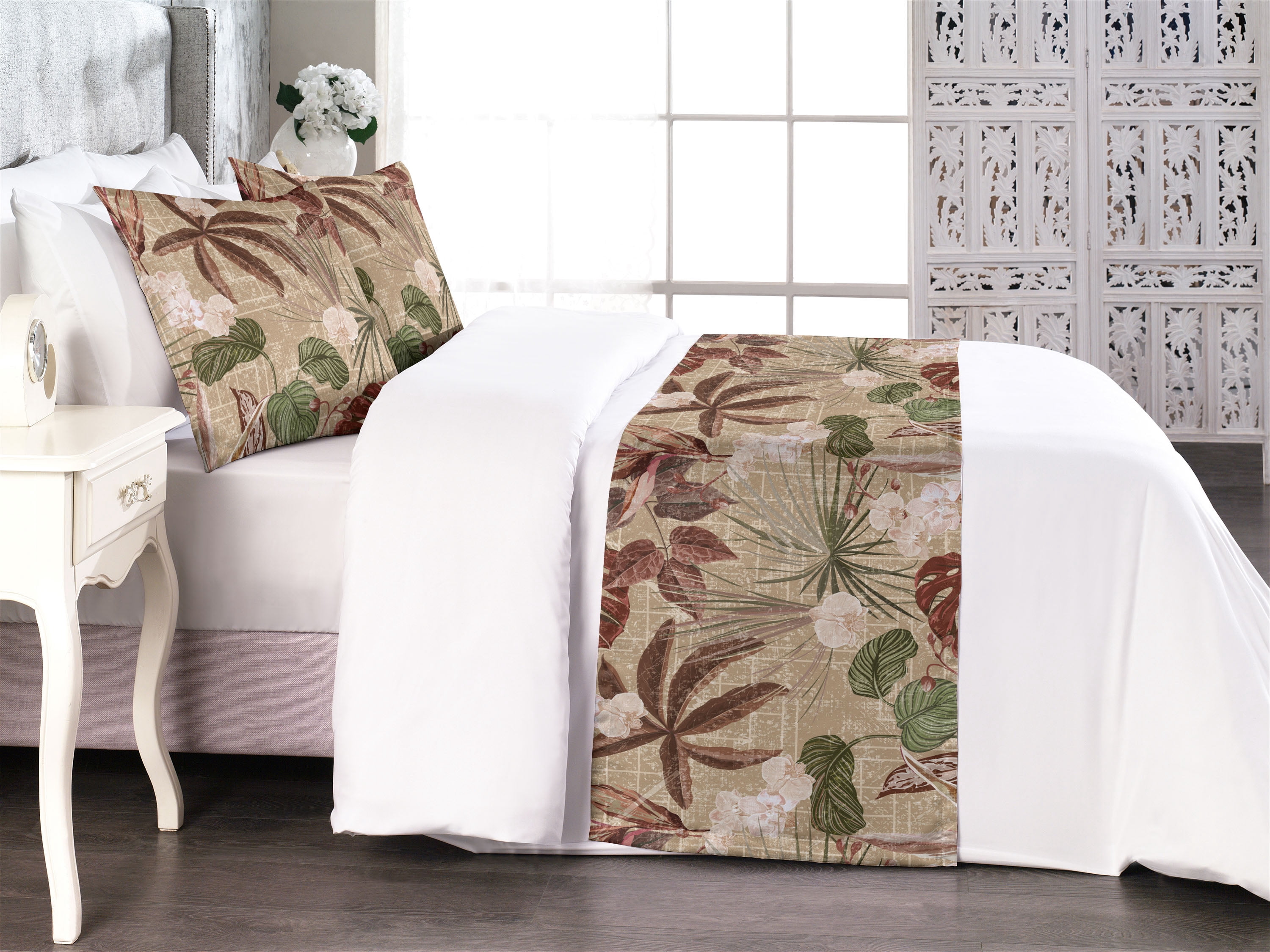 Jungle Boho Bed Runner Set, Vintage Themed Grunge Effect Leaves and Flowers Tropics Nature ...