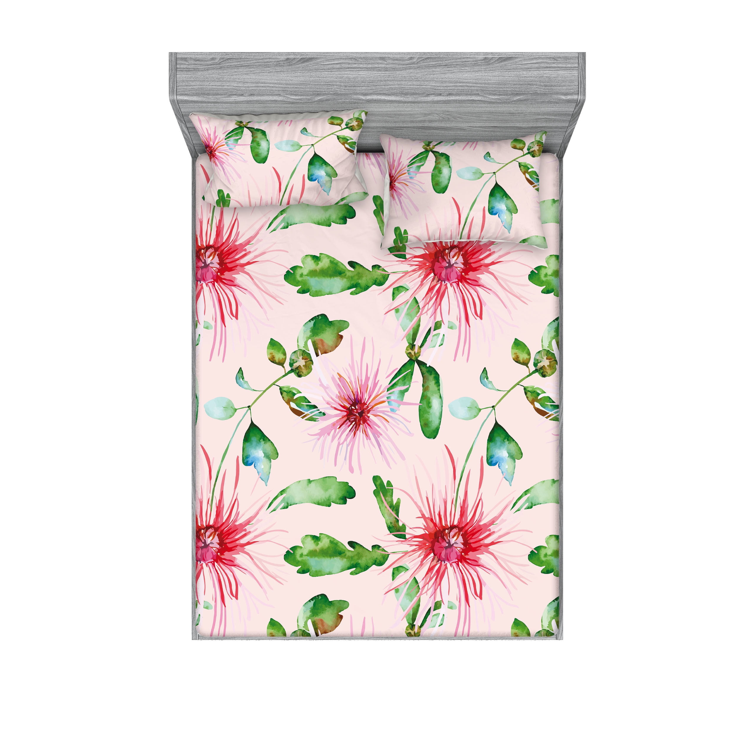 Jungle Boho Fitted Sheet & Pillow Sham Set, Simple Design Garden Scene ...