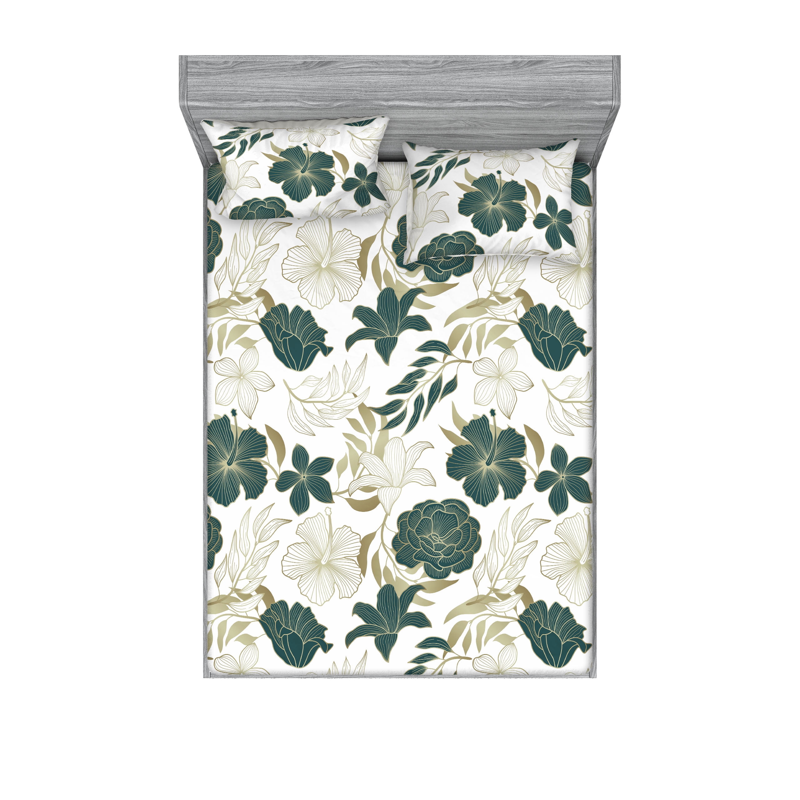 Jungle Boho Fitted Sheet & Pillow Sham Set, Simple Design Hibiscus and ...