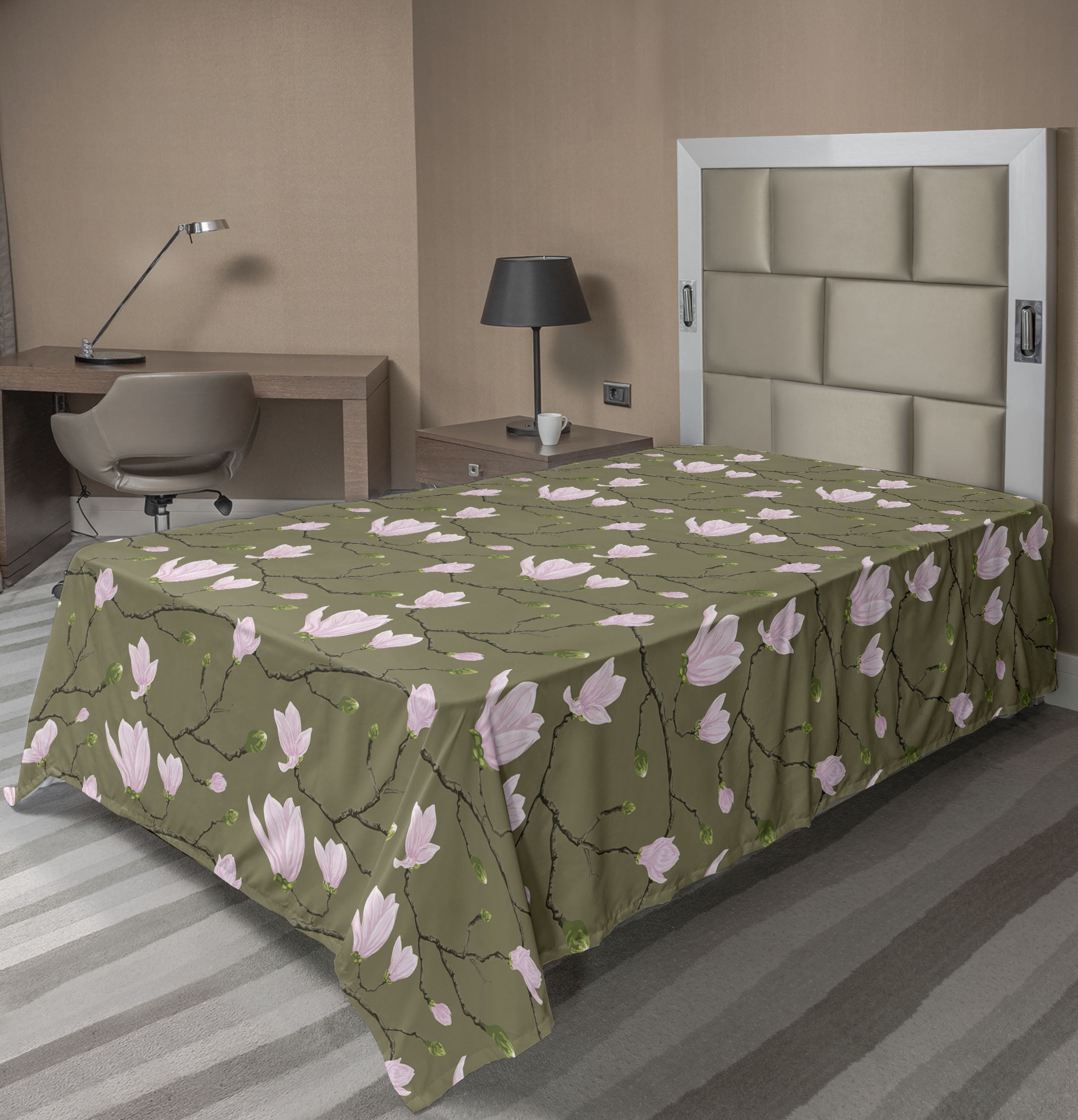 Jungle Boho Flat Sheet, Pastel Colors Magnolia Drawing With Branch ...