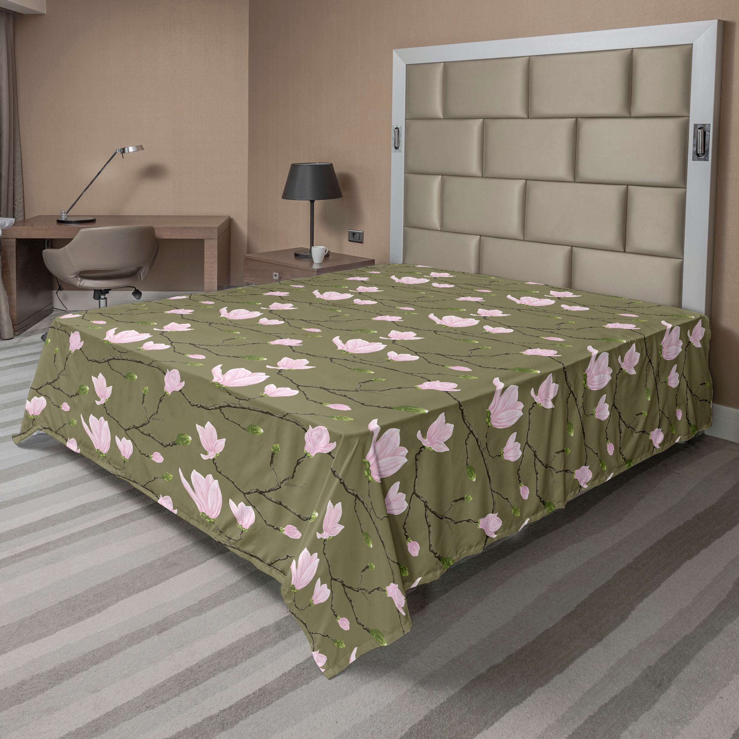 Jungle Boho Flat Sheet, Pastel Colors Magnolia Drawing With Branch ...