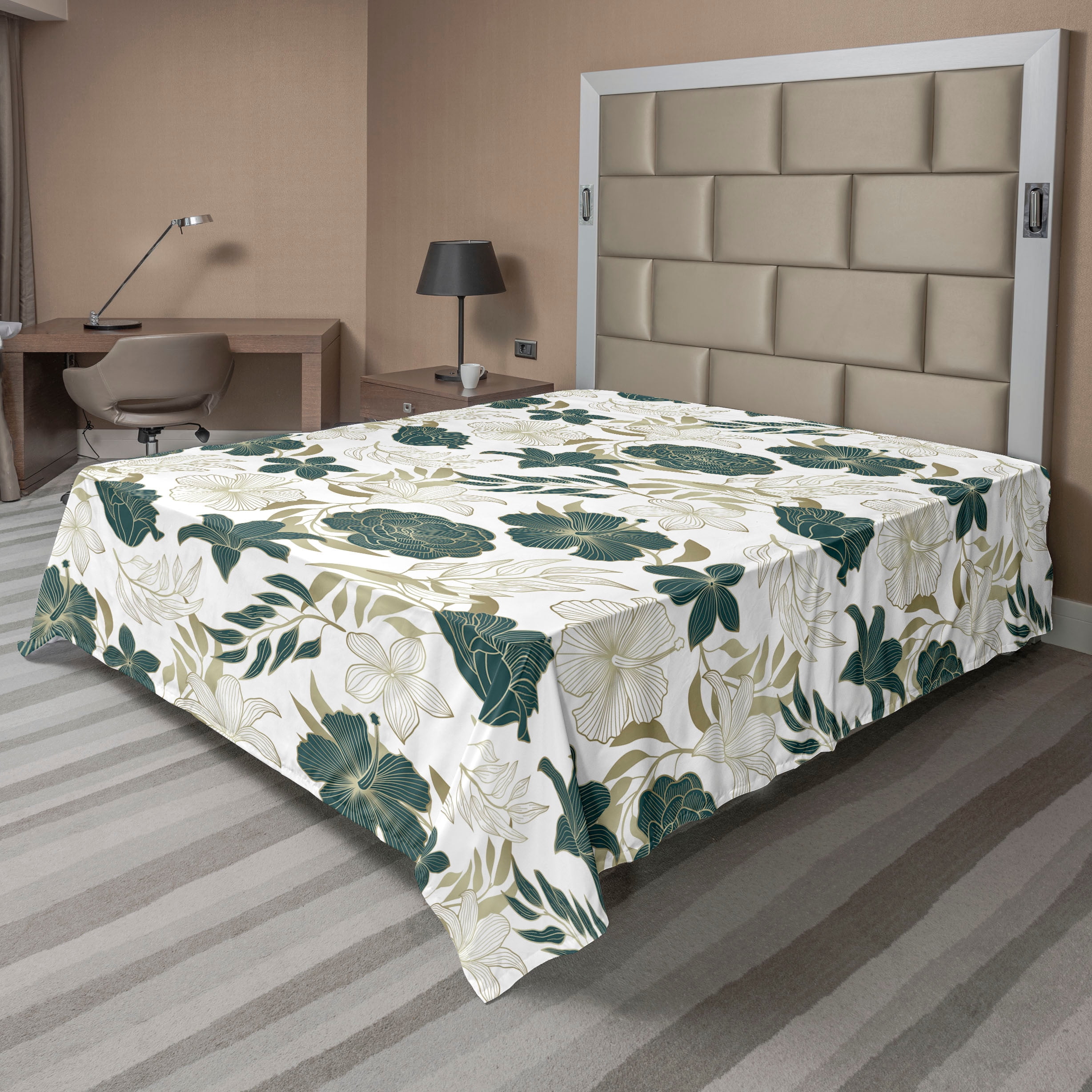 Jungle Boho Flat Sheet, Simple Design Hibiscus and Rose Flowers with ...
