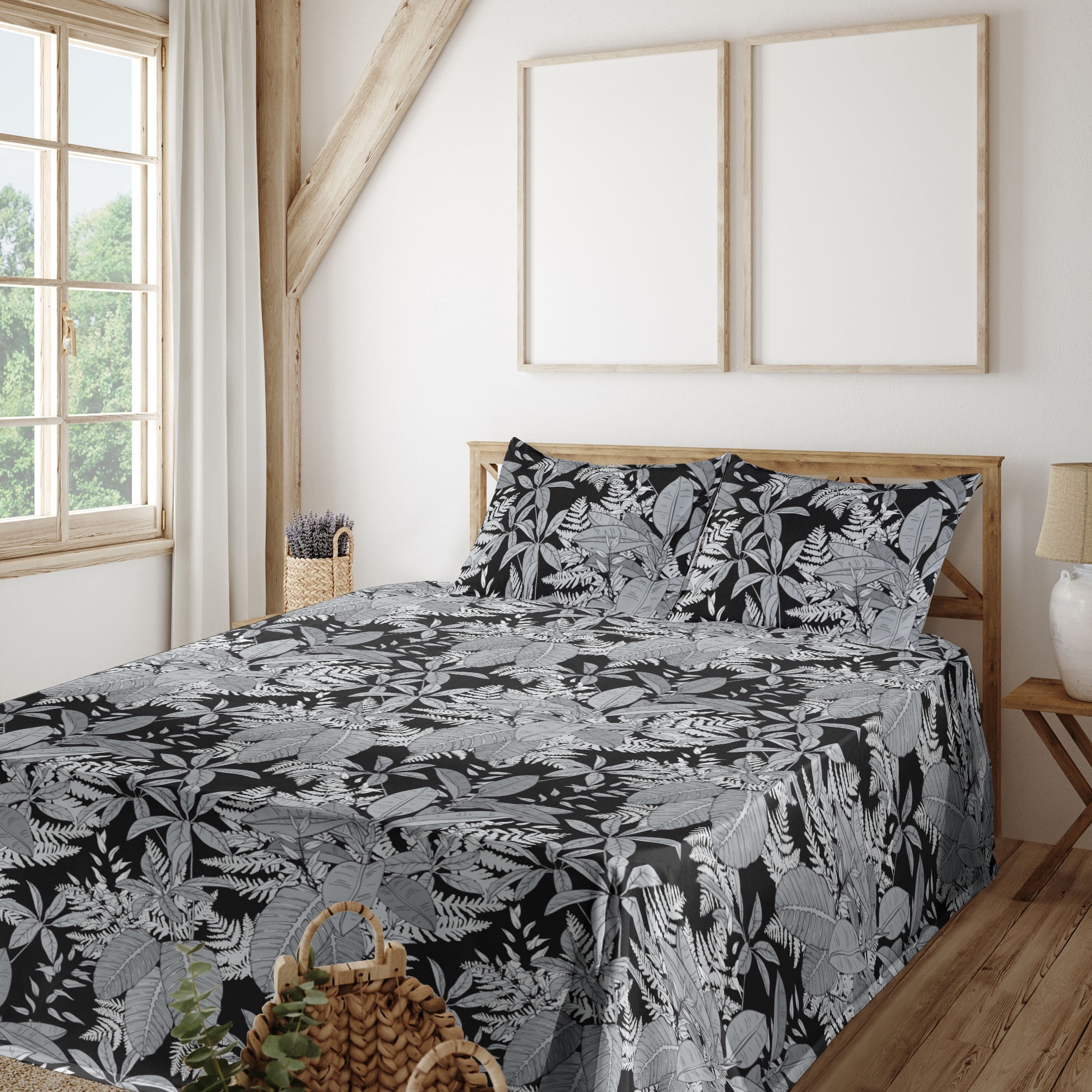 Jungle Boho Sheet Set, Monochrome Design Tropical Leaves Pattern ...