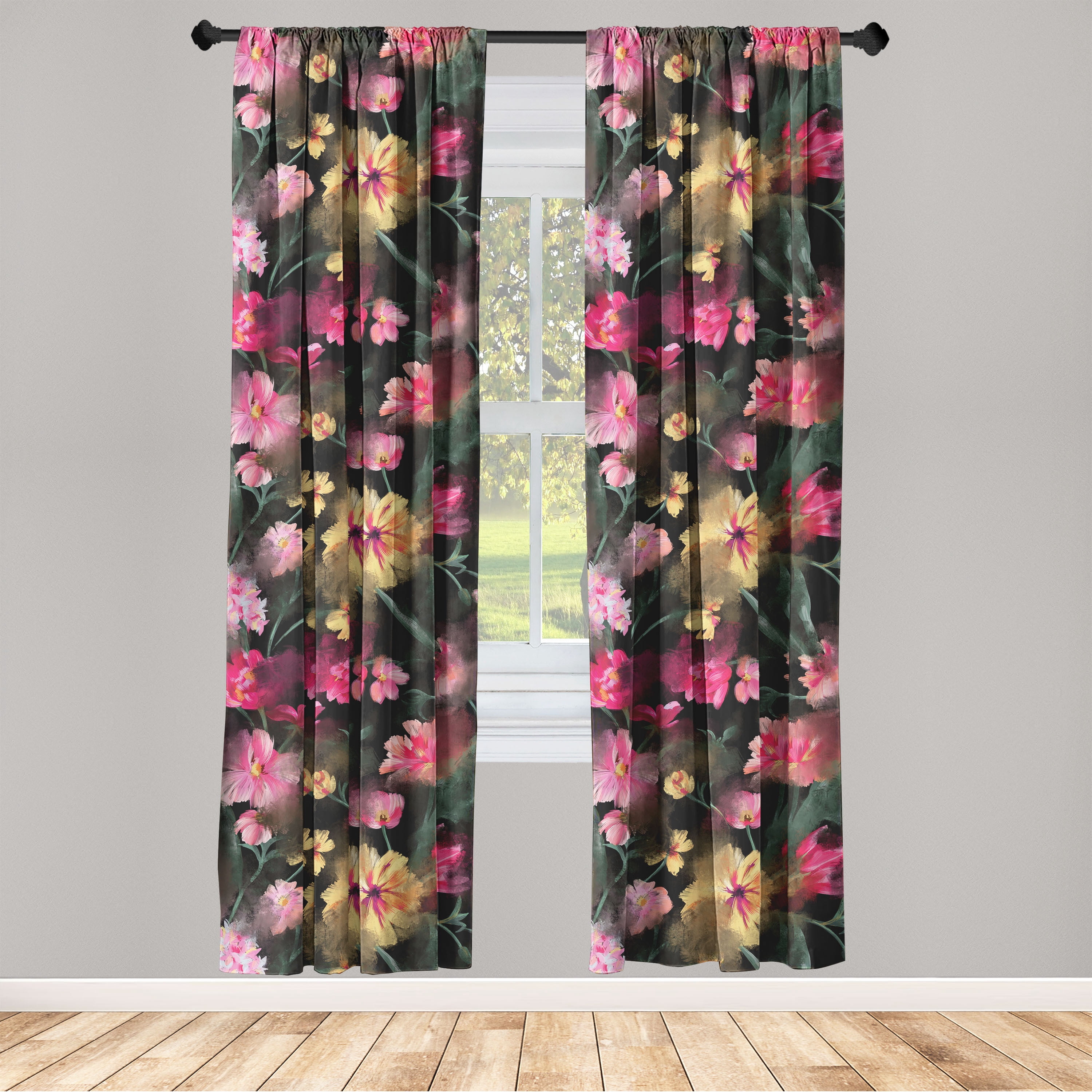 Jungle Boho Window Curtains, Colorful Flowers Watercolor Pattern on ...