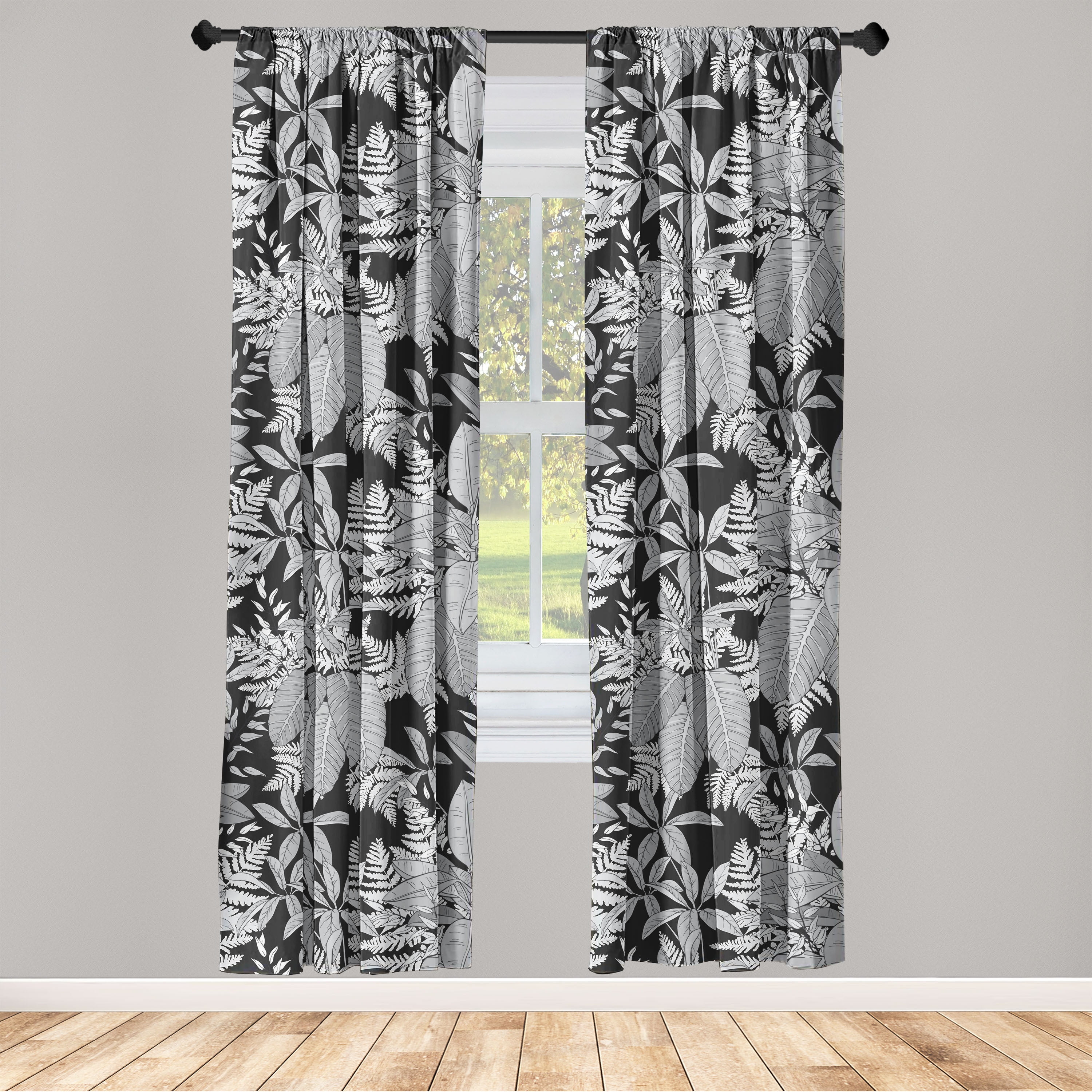Jungle Boho Window Curtains, Monochrome Design Tropical Leaves Pattern ...