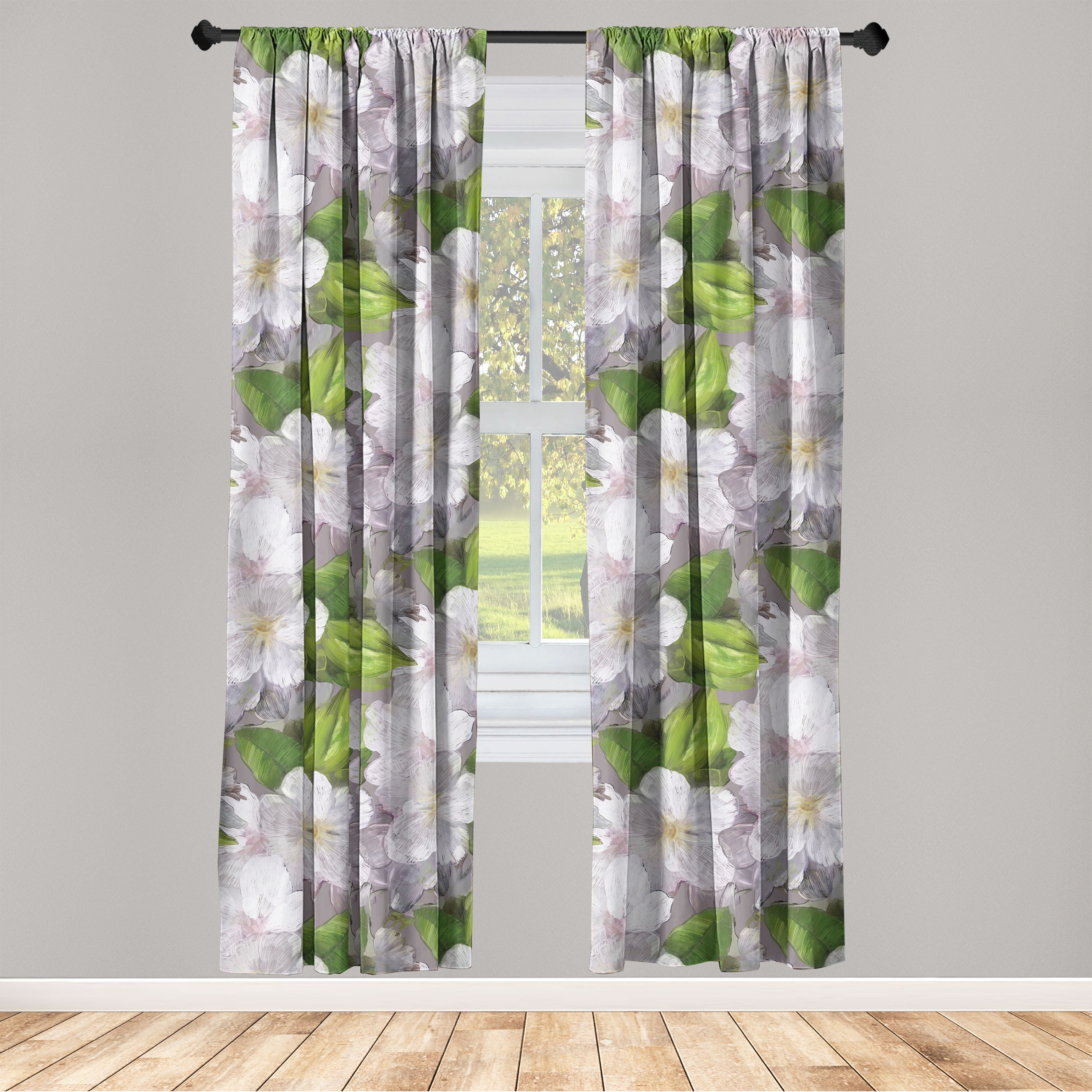 Jungle Boho Window Curtains, Springtime Theme Floral Pattern With Eucalyptus Color Leaves Print ...