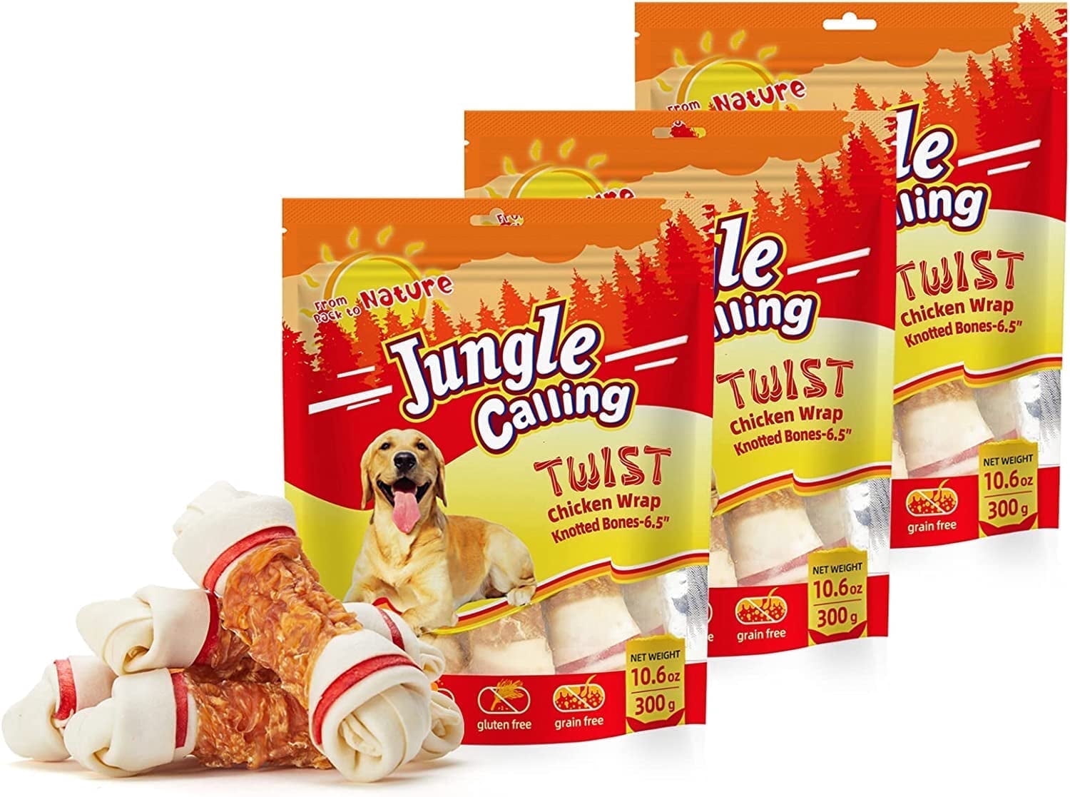 Free Shipping! Jungle Calling Chicken Rawhide Bones Knotted Chews 6.5 ...