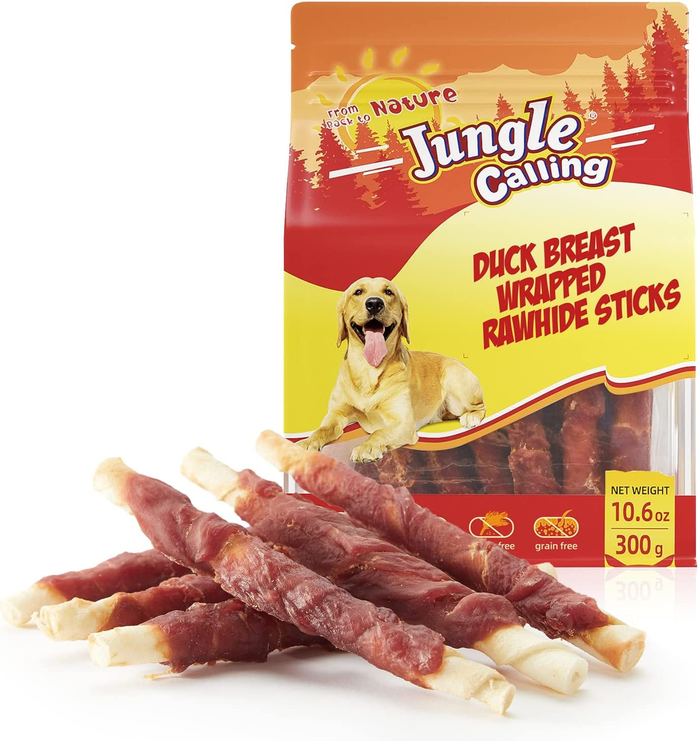 Jungle Calling Dog Treats Duck Wrapped Rawhide Sticks Grain-Free ...