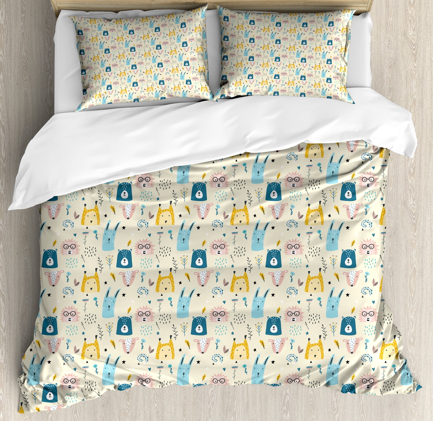 Jungle Cartoon Duvet Cover Set, Funny Pattern with Animal Flowers Stars ...