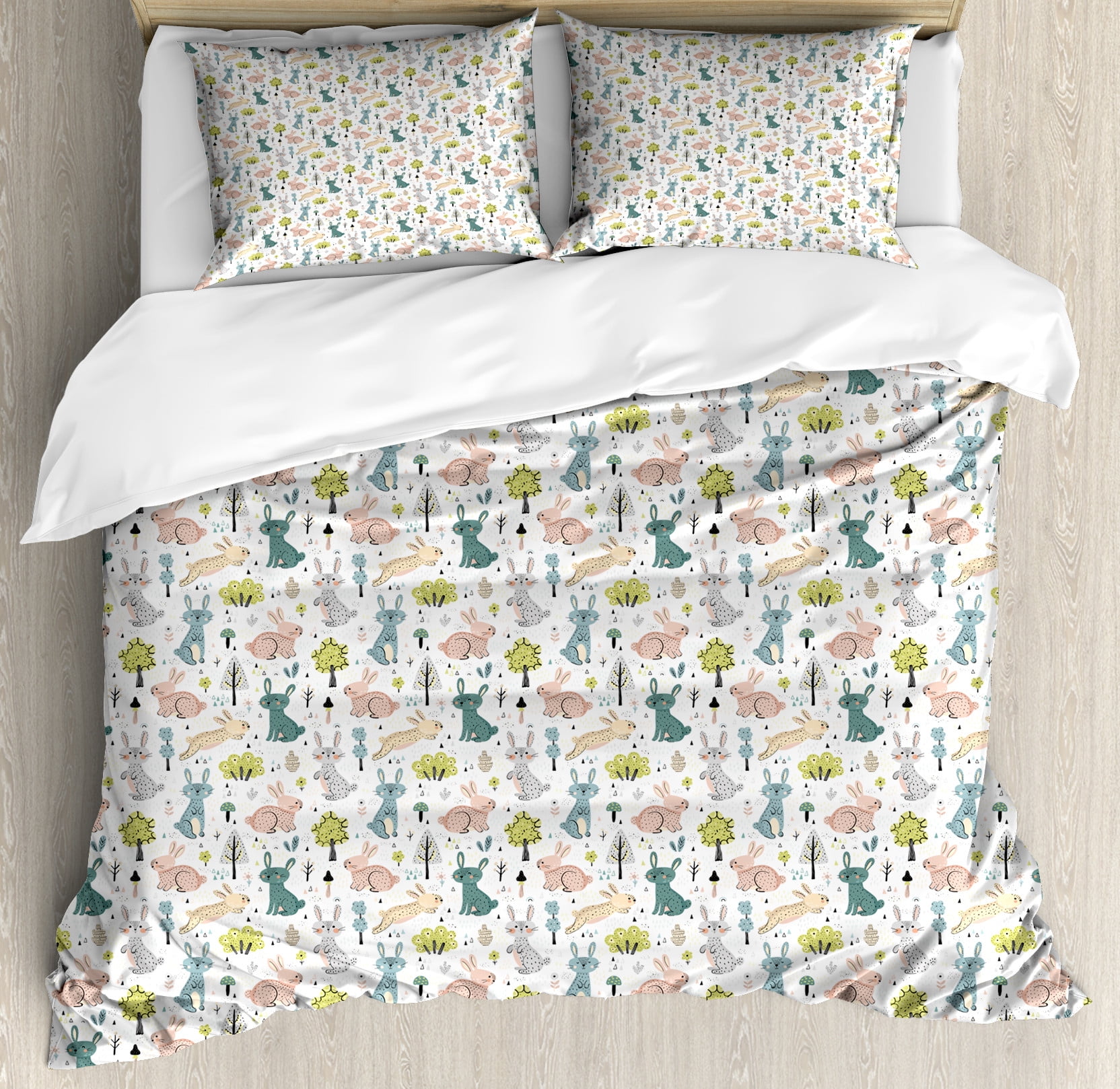 Jungle Cartoon Duvet Cover Sets, Pattern with Funny Pastel Bunnies and Blooming Floral Plants ...