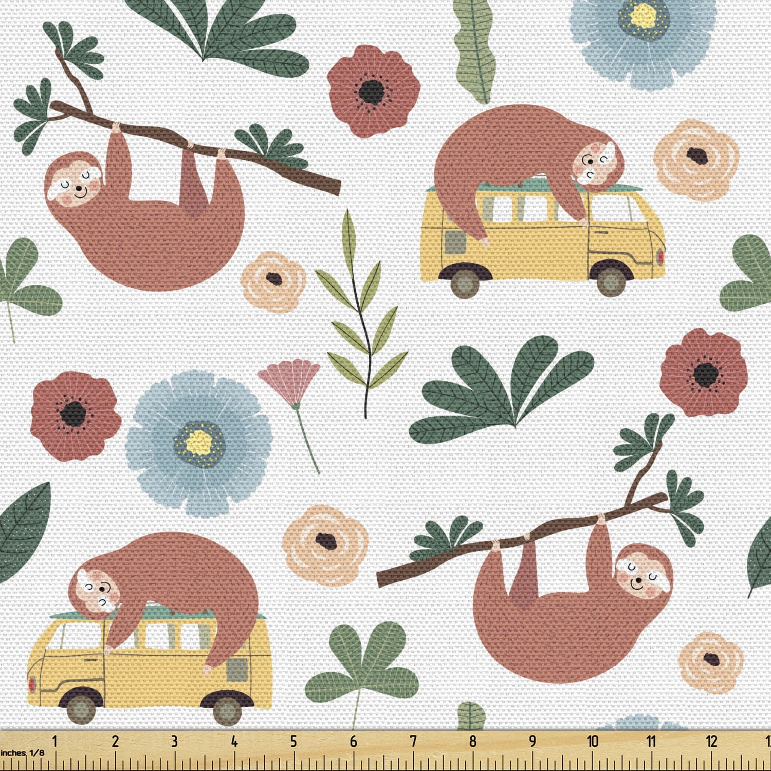 Ambesonne Jungle Cartoon Fabric by the Yard Upholstery, Sloth on Bus ...