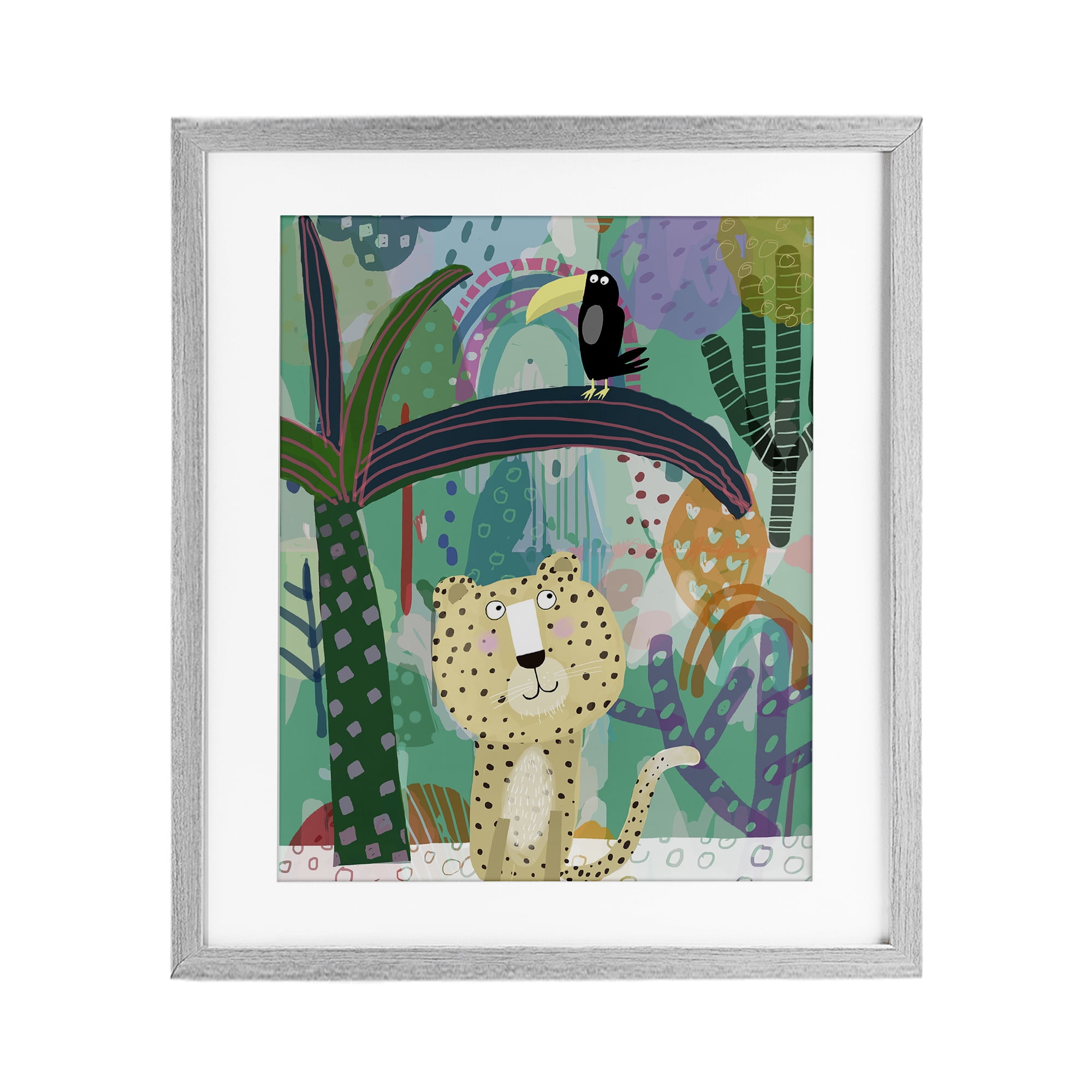 Jungle Cheetah & Toucan Gray Framed Print Under Glass, design by Carla ...