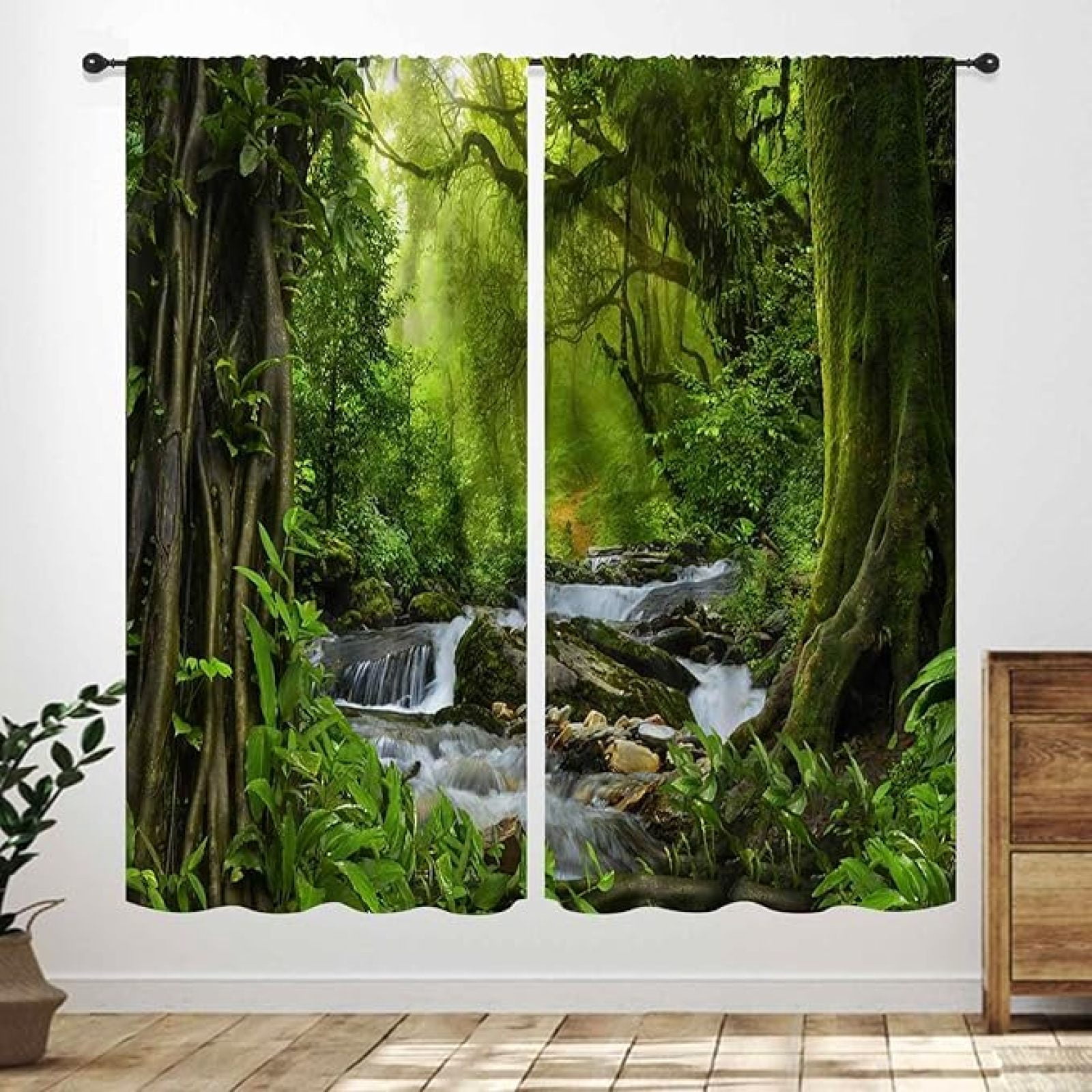Jungle Curtains For Bedroom,Tropical Green Tree Forest Waterfall ...