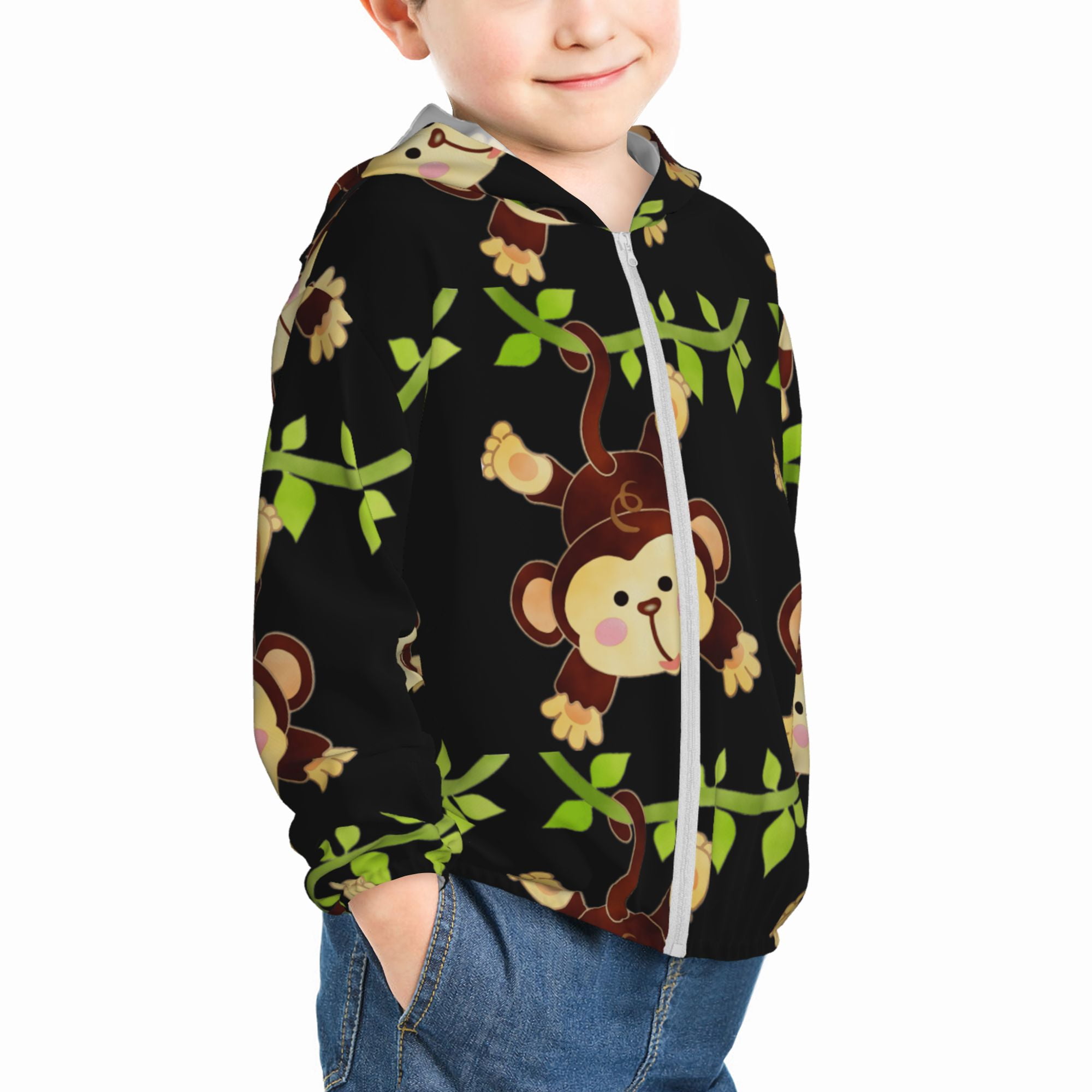 Jungle Drawing Safari Cartoon Monkey Animal Kids Zip-Up Hoodie Girls Boys Sun Protection Jacket ...
