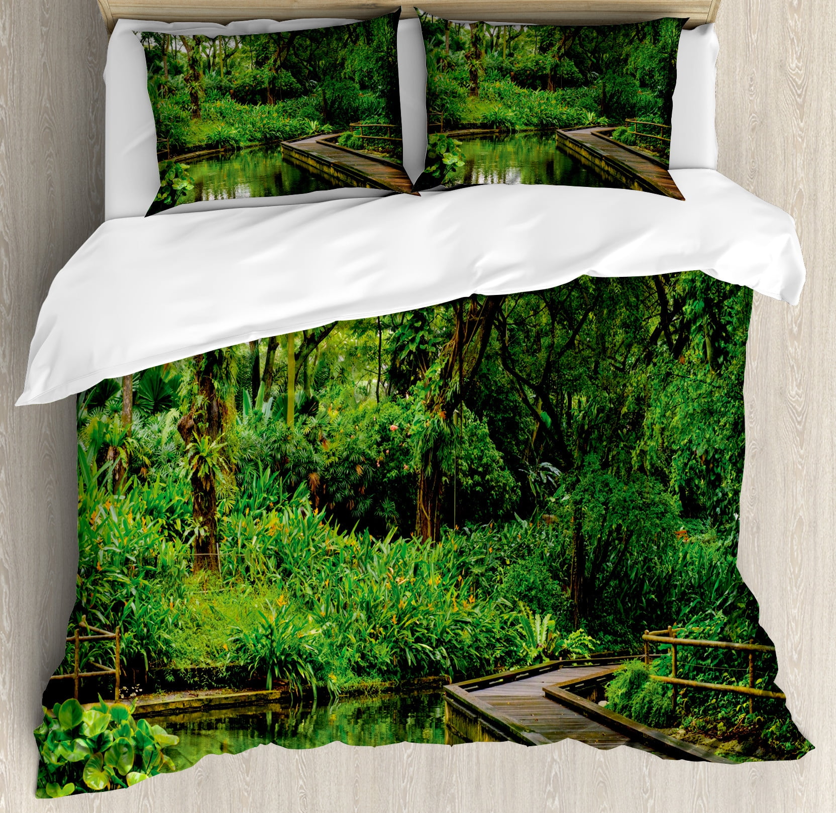 Jungle Duvet Cover Set, Deep Forest with Wooden Pier and River ...
