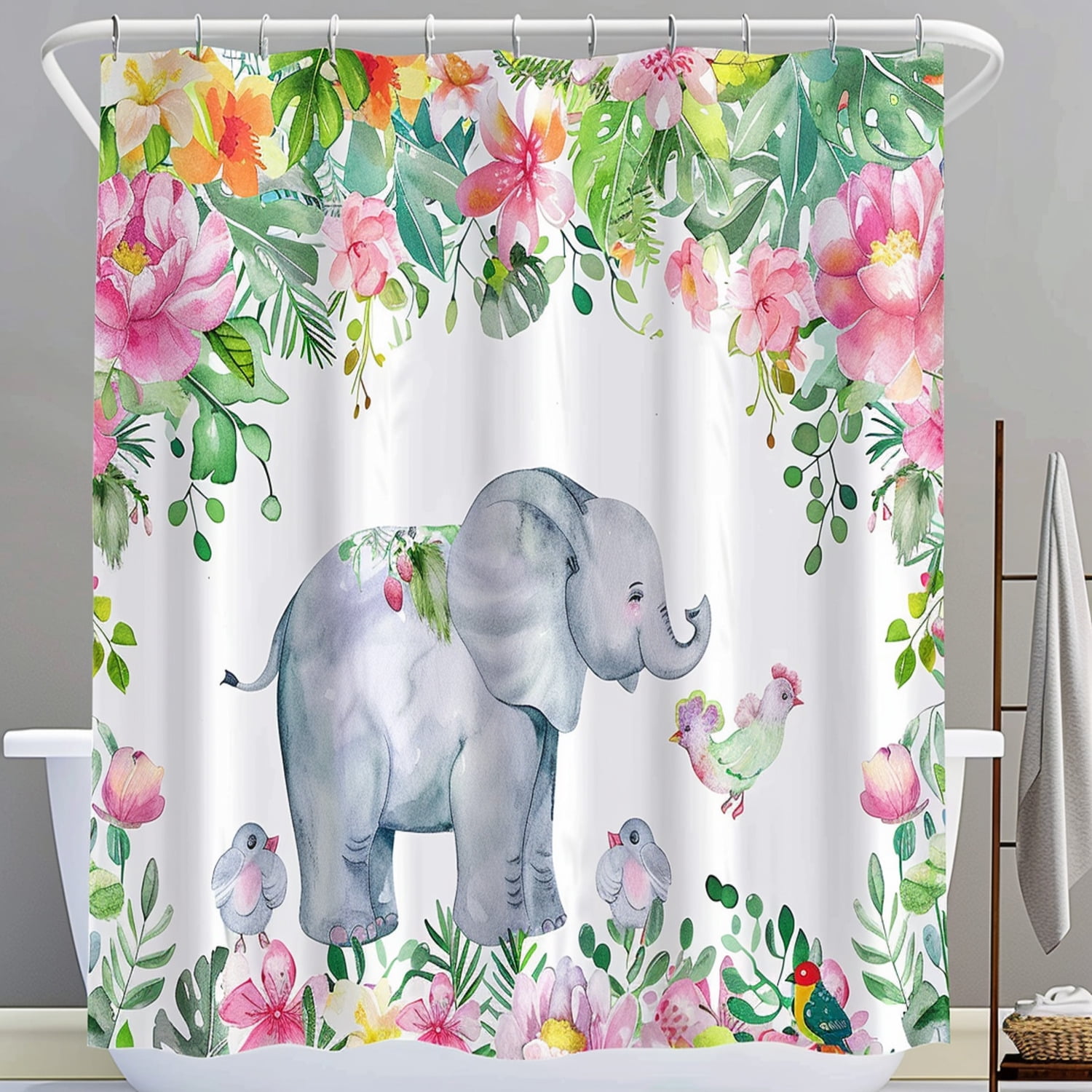 Jungle Elephant and Birds Cartoon Shower Curtain Set Watercolor ...