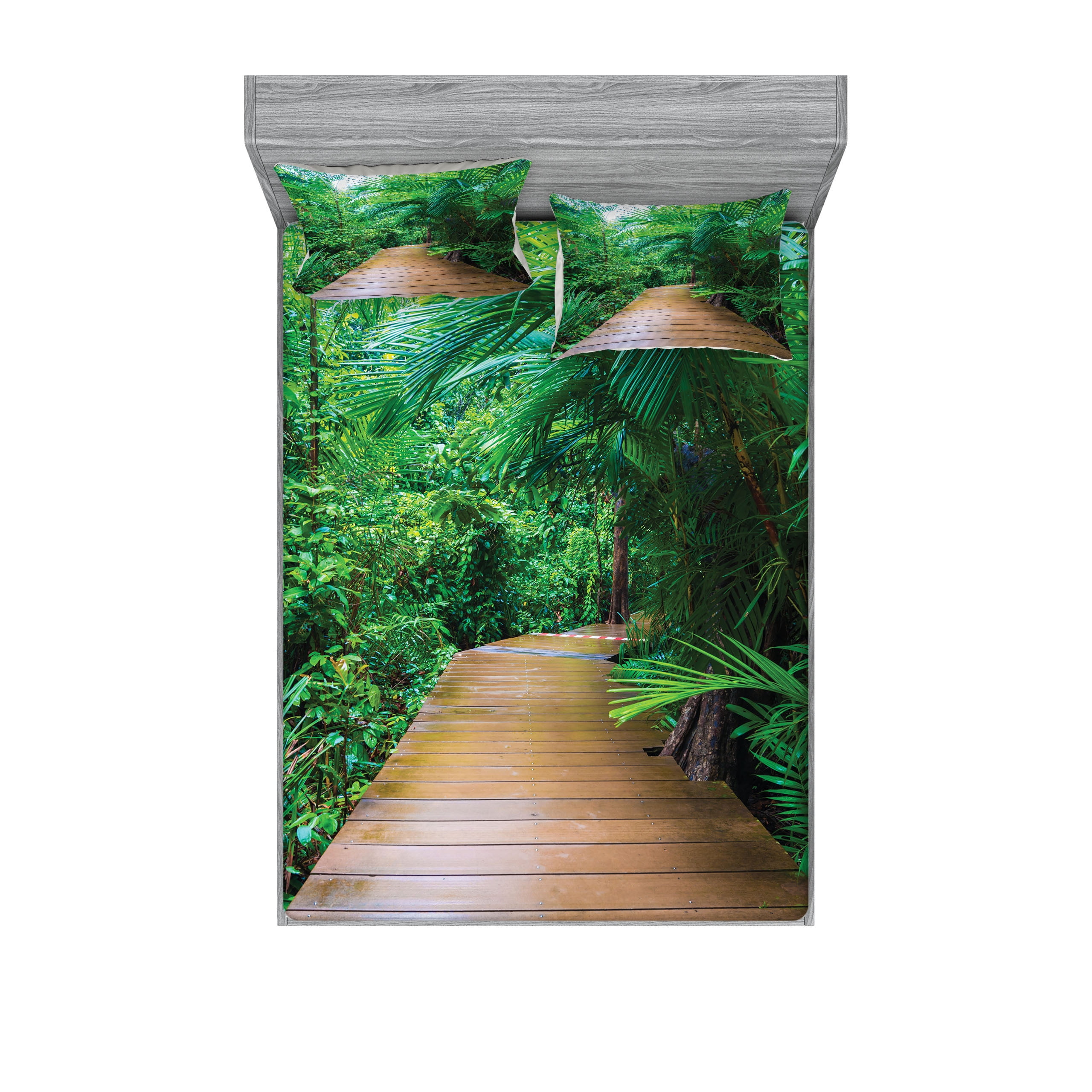 Jungle Fitted Sheet & Pillow Sham Set, Deck Timber Jetty Exotic Getaway ...