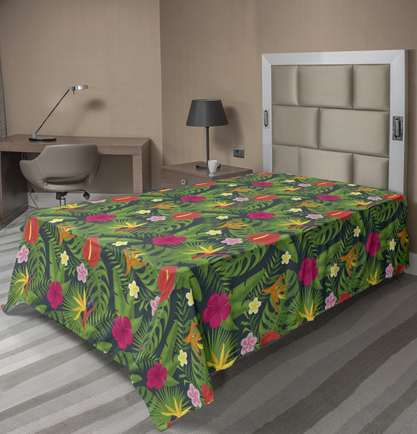 Jungle Flat Sheet, Hawaiian Botanical Theme Exotic Forest Aloha Pattern ...