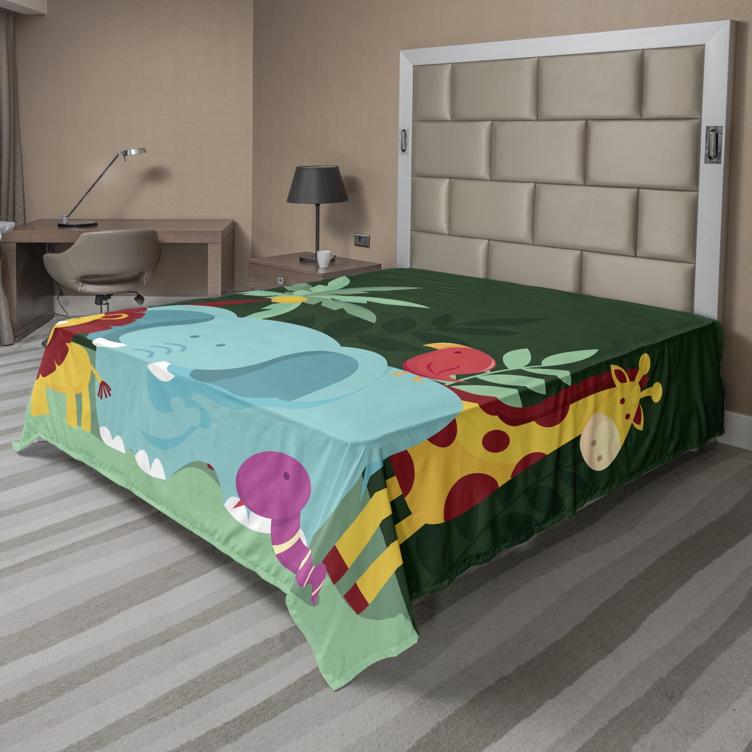 Jungle Flat Sheet, Rainforest Zoo Animals Giraffe Elephant Snake Lion ...
