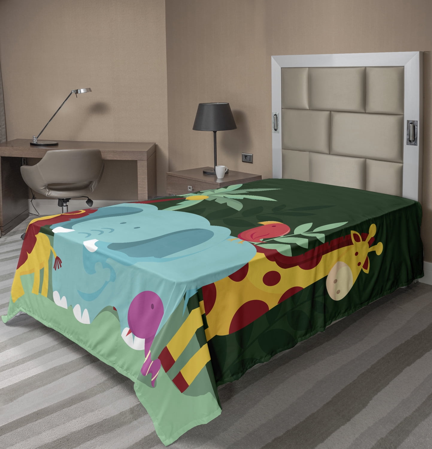 Jungle Flat Sheet, Rainforest Zoo Animals Giraffe Elephant Snake Lion ...