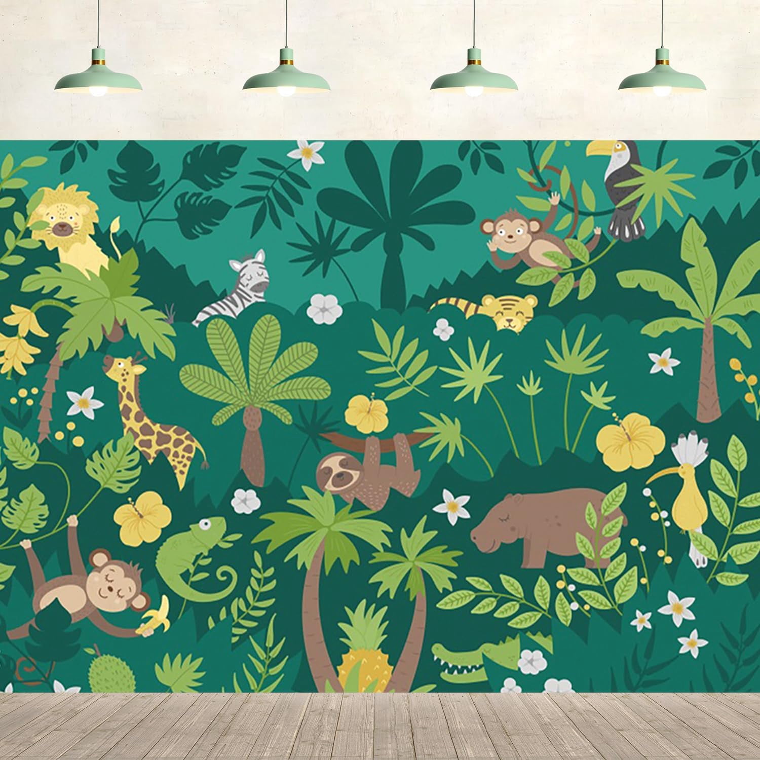 Jungle Forest Backdrop Cartoon Animals Monkey Giraffe Palm Tree Green ...