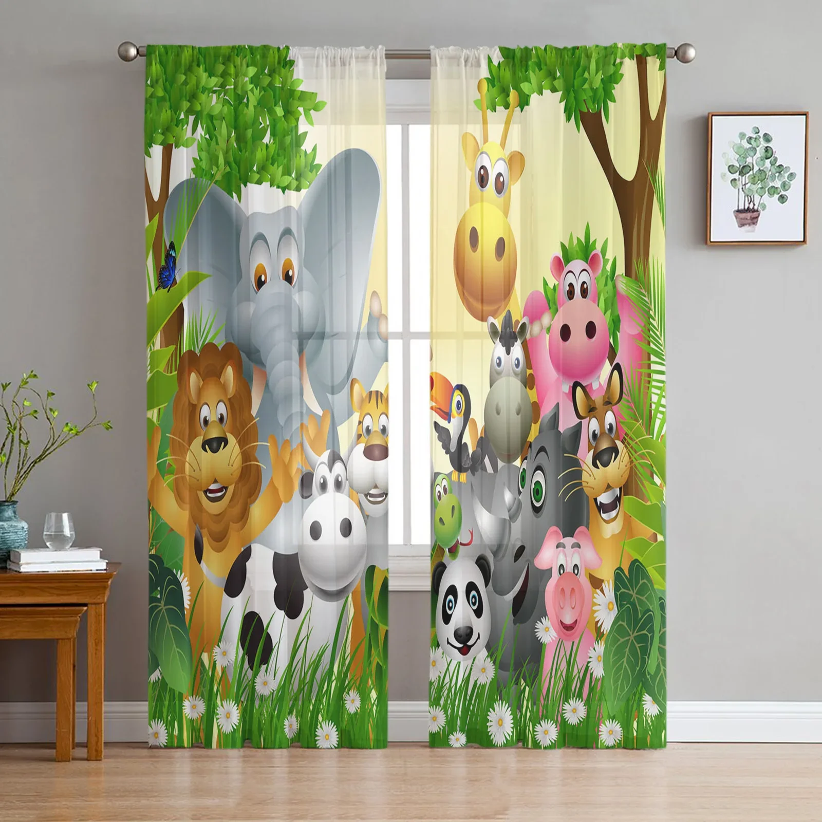 Jungle Forest Cartoon Animal Lion Elephant Chiffon Sheer Curtains for ...