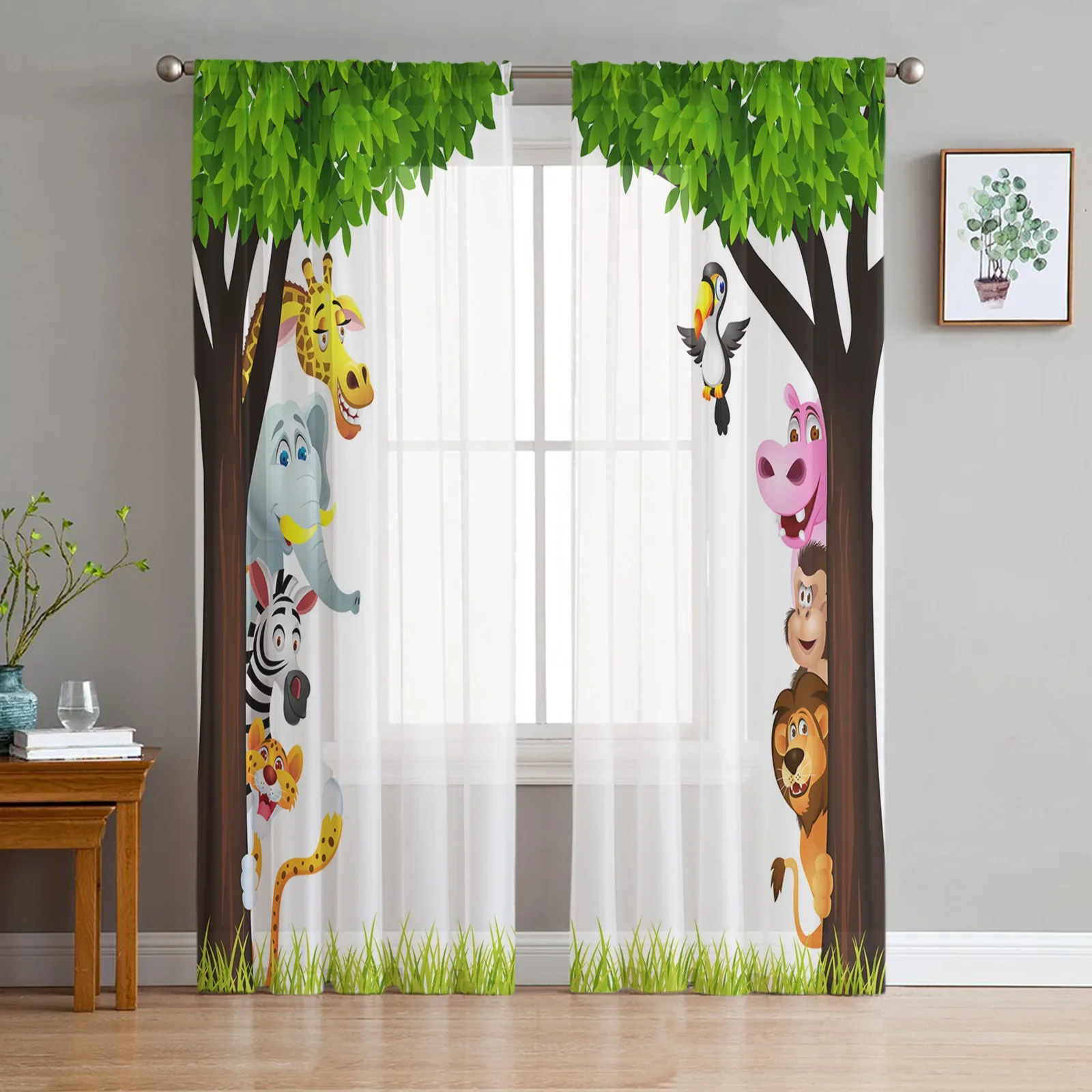 Jungle Forest Cartoon Animal Lion Elephant Chiffon Sheer Curtains for ...