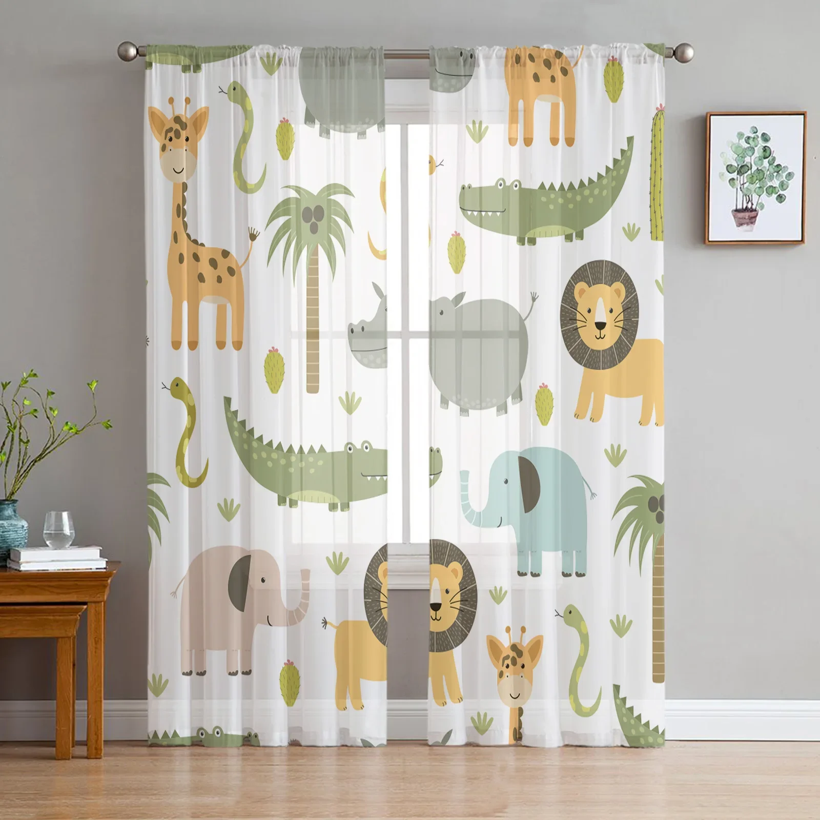 Jungle Forest Cartoon Animal Lion Elephant Chiffon Sheer Curtains for ...