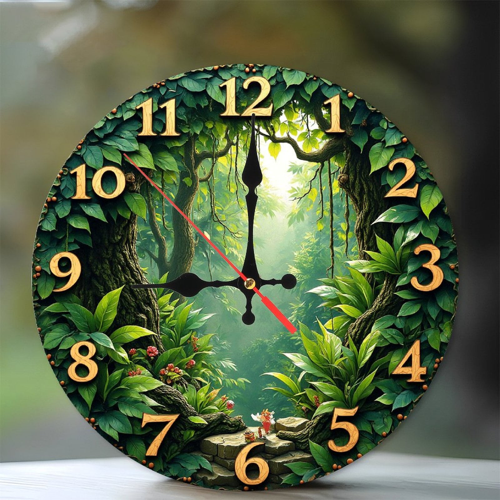Jungle Forest Wall Clock Tropical Leaves Design 10-Inch Silent Wooden ...