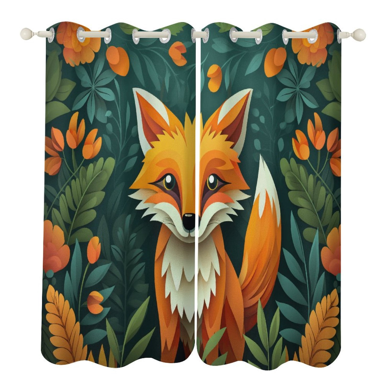 Jungle Fox Cartoon Pattern 2 Panel Curtain Set, Watercolor Painting ...
