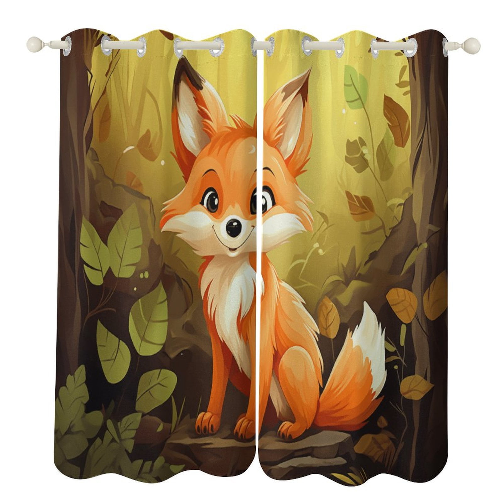 Jungle Fox Cartoon Pattern 2 Panel Curtain Set, Watercolor Painting ...