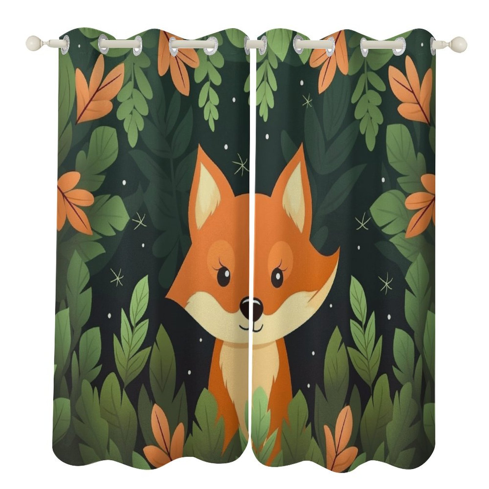 Jungle Fox Cartoon Pattern 2 Panel Curtain Set, Watercolor Painting ...