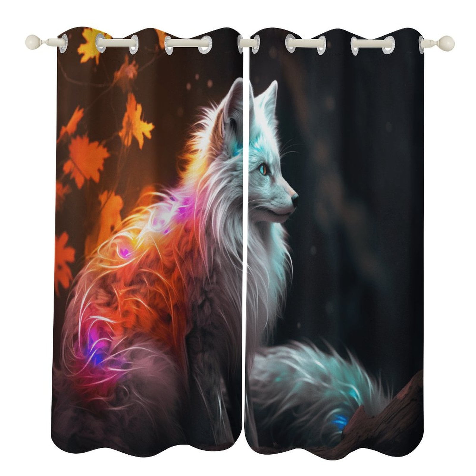Jungle Fox Cartoon Pattern 2 Panel Curtain Set, Watercolor Painting ...