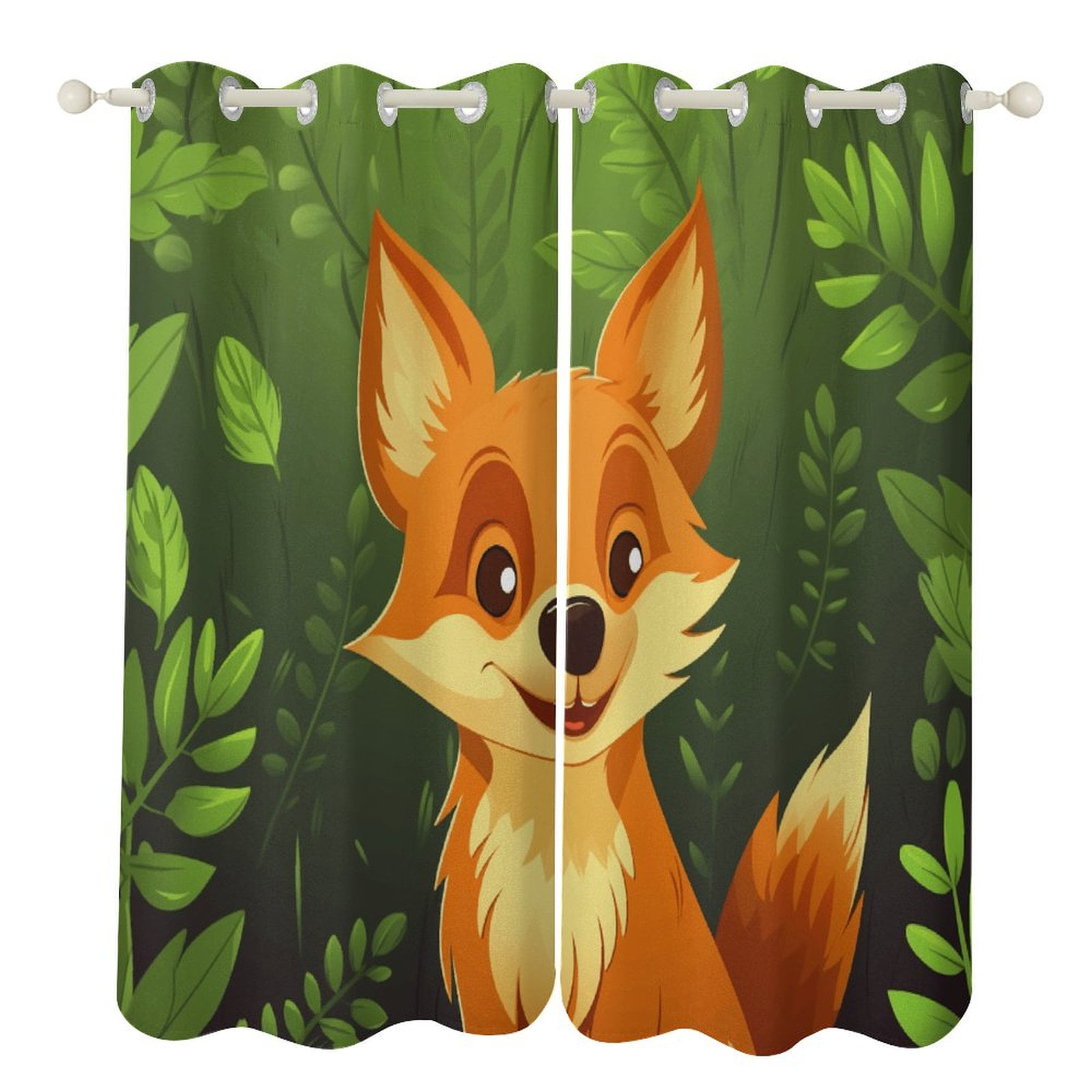 Jungle Fox Cartoon Pattern Curtains Watercolor Theme Window Curtains ...