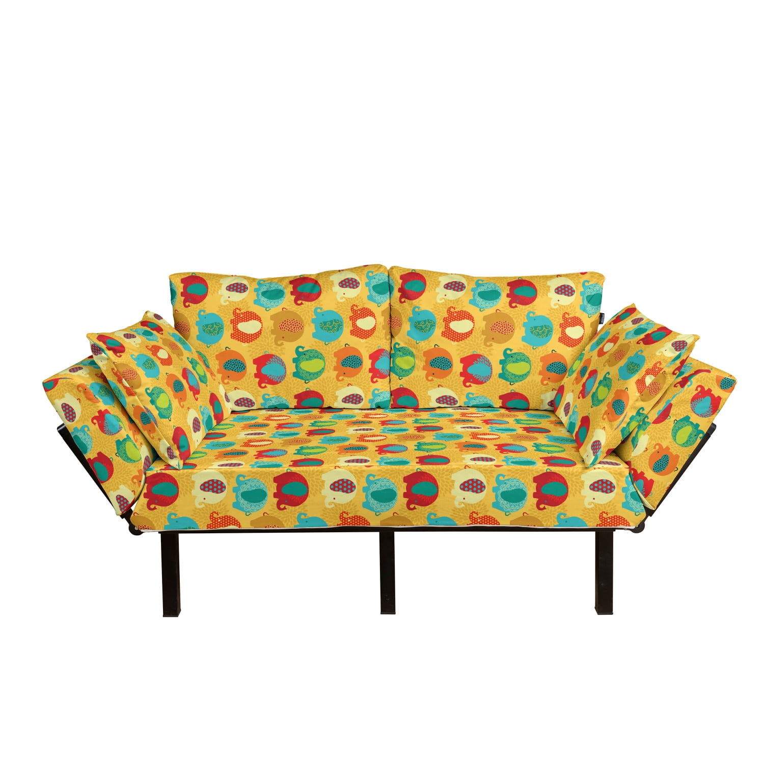 Jungle Futon Couch, Elephants Ornate Details Cartoon Jungle Mammal ...