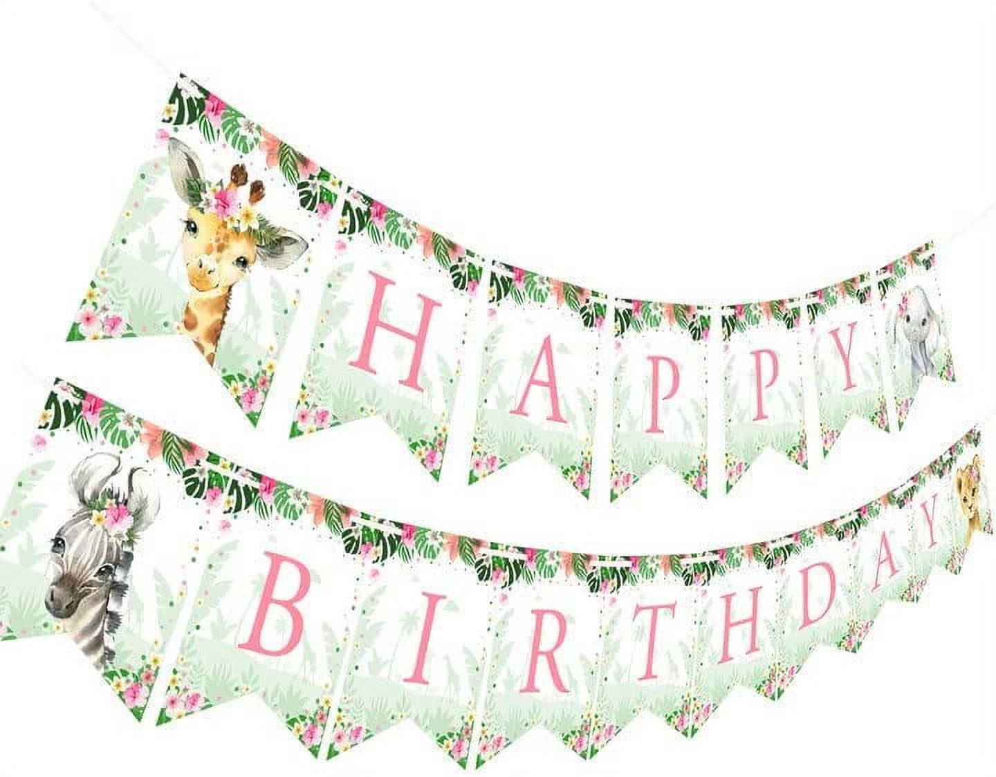 Jungle Happy Birthday Banner for Girl Pink, Safari Birthday Banner for ...