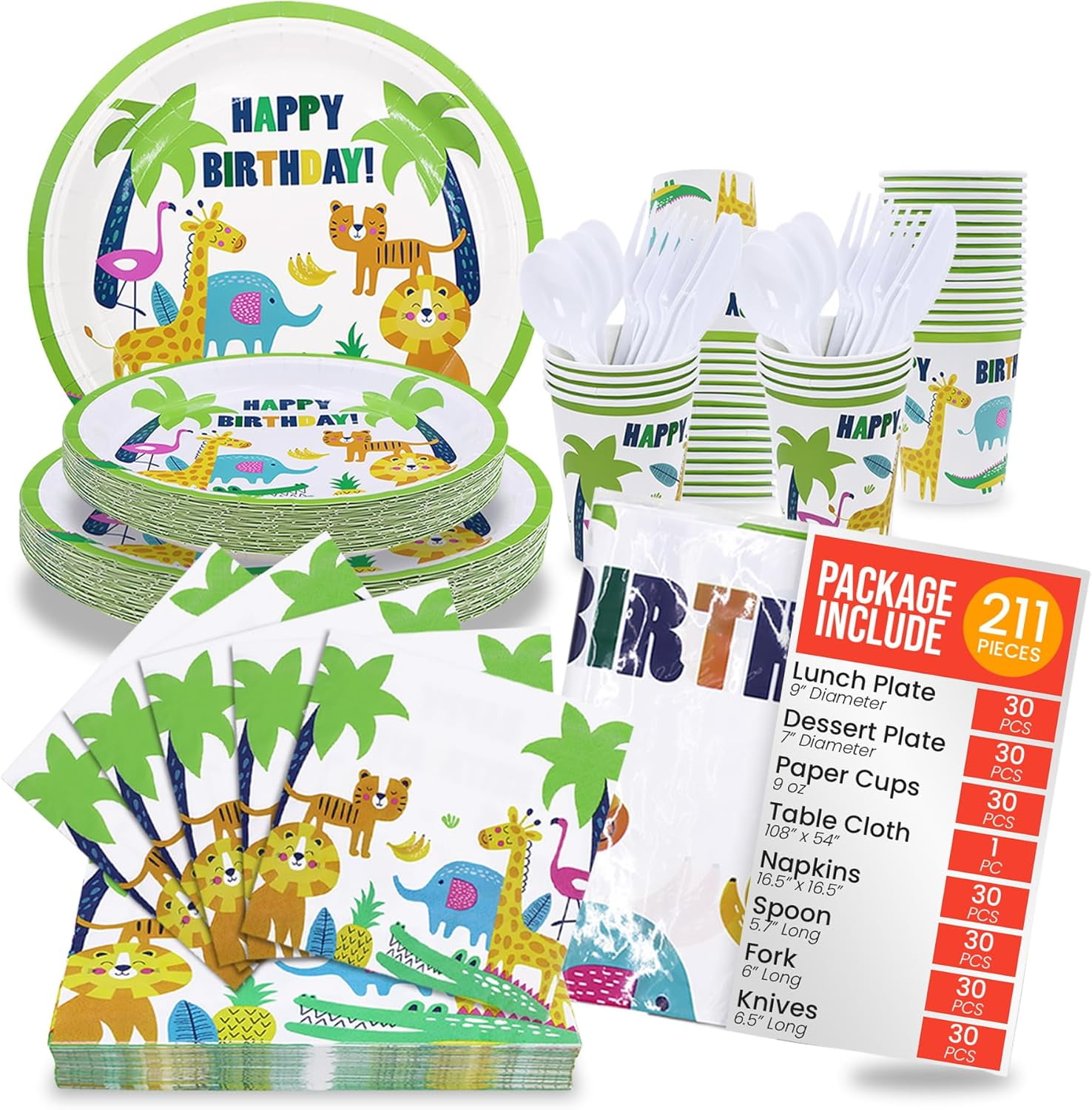 Jungle Happy Birthday Paper Dinnerware Set for 30 - Safari Plates ...