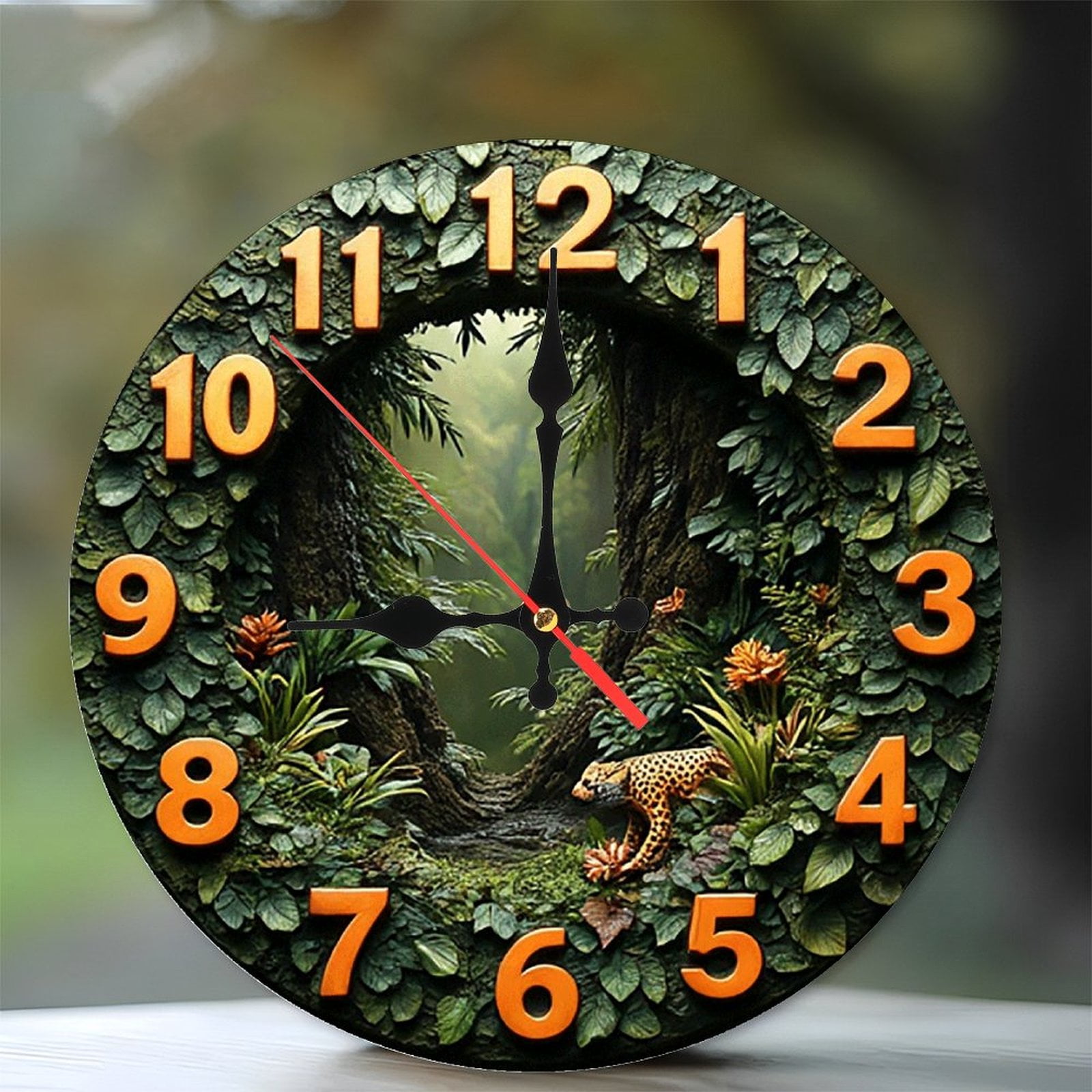 Jungle Leopard Rainforest Clock Wall Decor 10-Inch Silent Wooden Wall ...