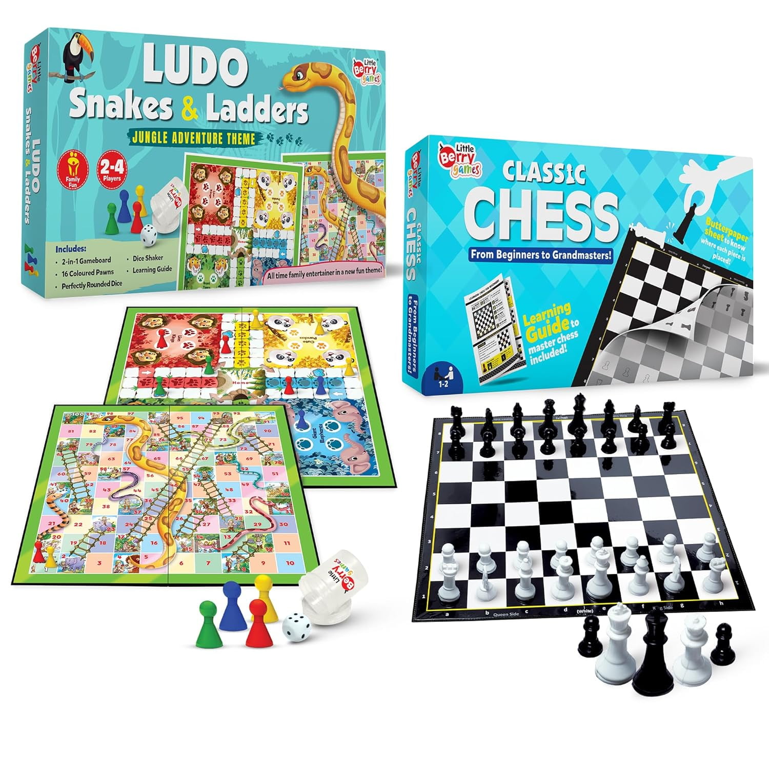Jungle Ludo, Snakes Ladders & Classic Chess Board Game Combo For Kids & Adults | 3-In-1 Family ...