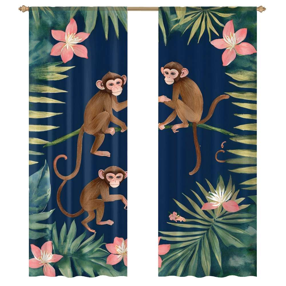 Jungle Monkeys Floral Print Tulle Curtains For Living Room Chiffon ...
