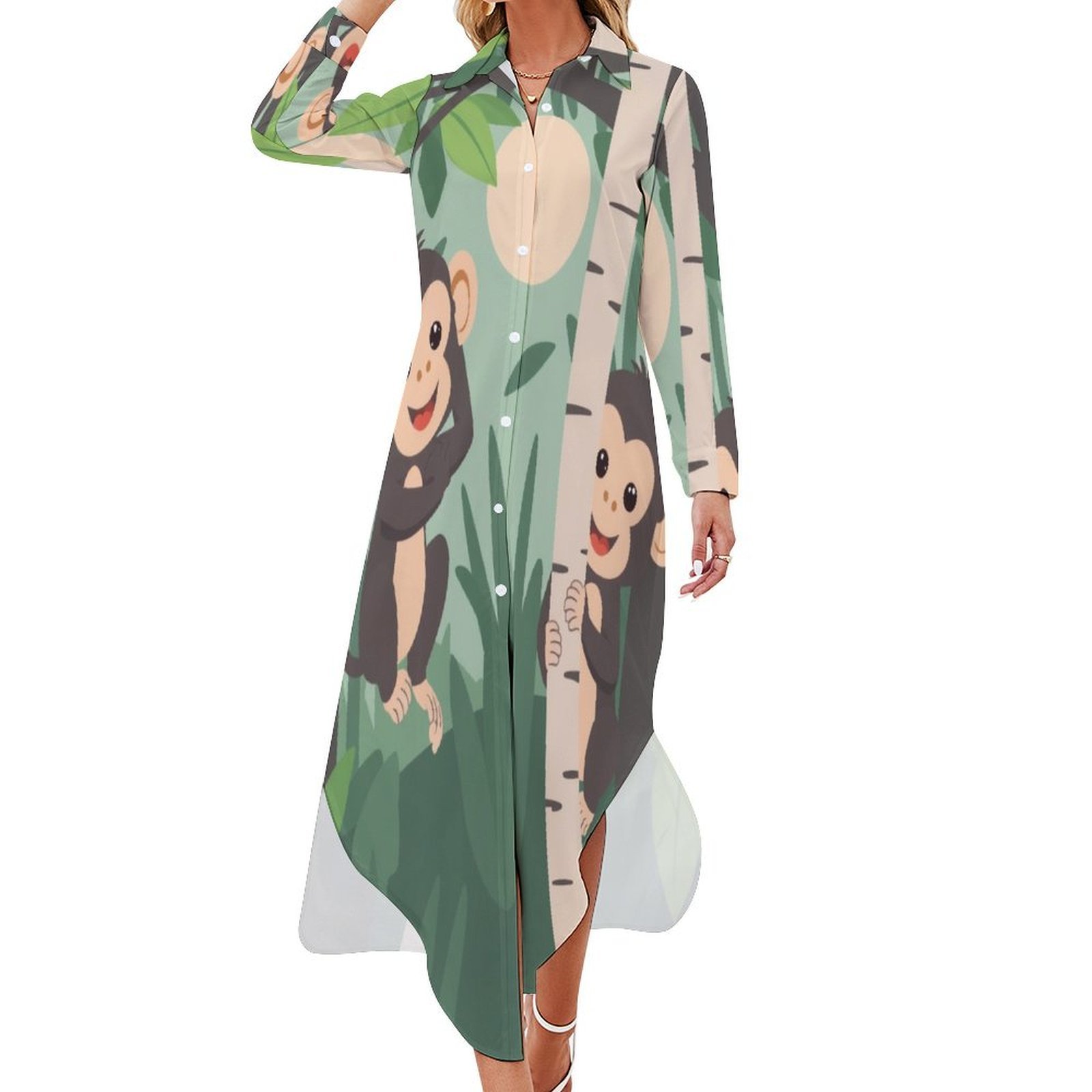 Jungle Monkeys Playing Chiffon Dress V Neck Beach Dresses Female Wear ...