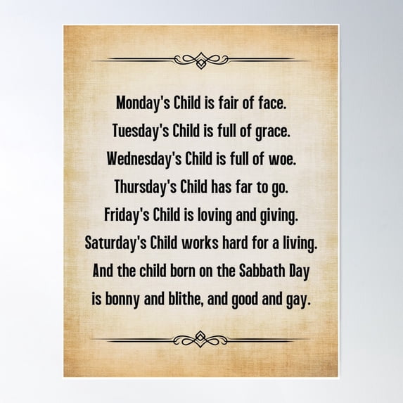 Monday'S Child Traditional Poem Poster Wall Art, Modern Wall Decor For ...