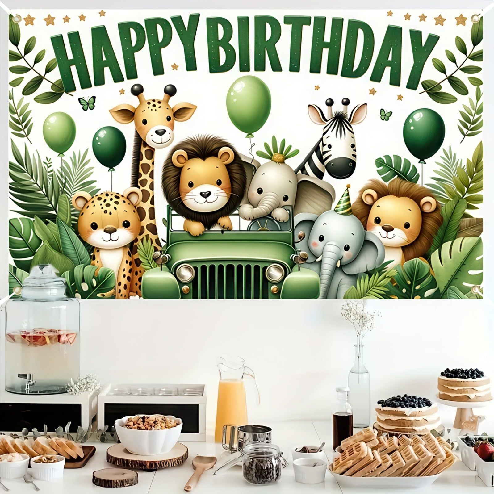 Jungle Safari Animal Birthday Party Banner, Polyester Cartoon Jungle ...