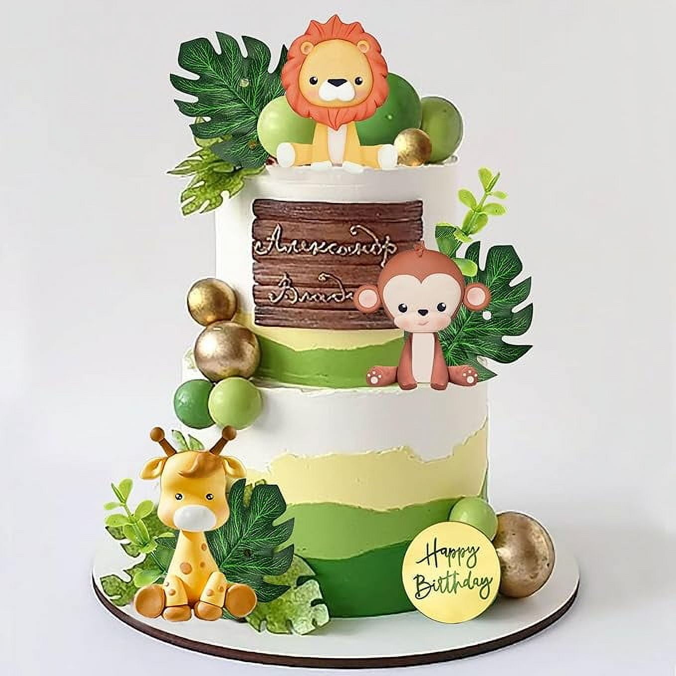 Jungle Safari Animal Cake Topper with Colourful Balls Plam Leaves Cake ...