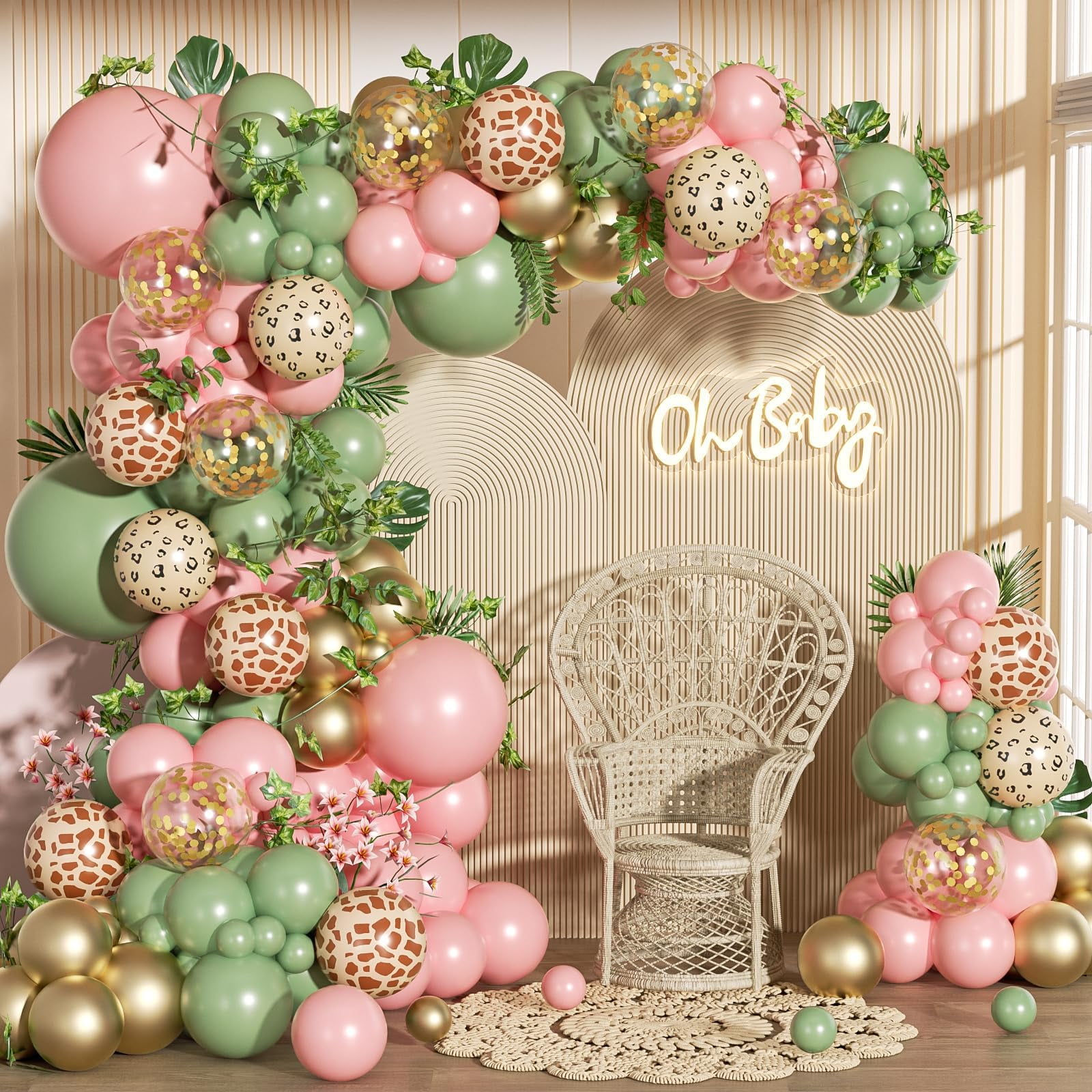 Jungle Safari Balloon Garland Arch Kit, KKS1 Sage Green Pink Metallic Gold Confetti Balloons for ...