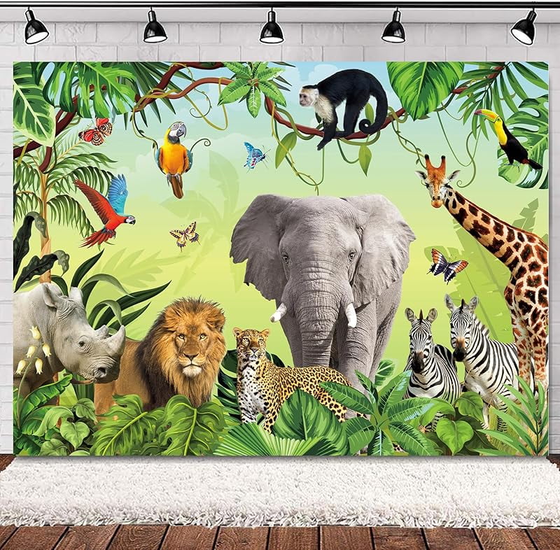 Jungle Safari Birthday Backdrop Rainforest Tropical Wild Animal ...