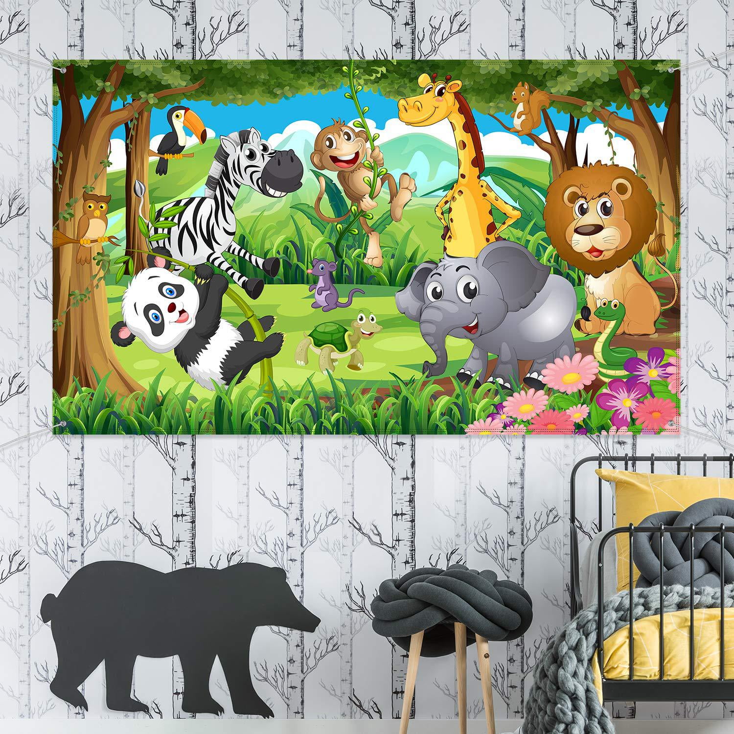 Jungle Safari Birthday Backdrop Tropical Jungle Palm Leaves Animals ...