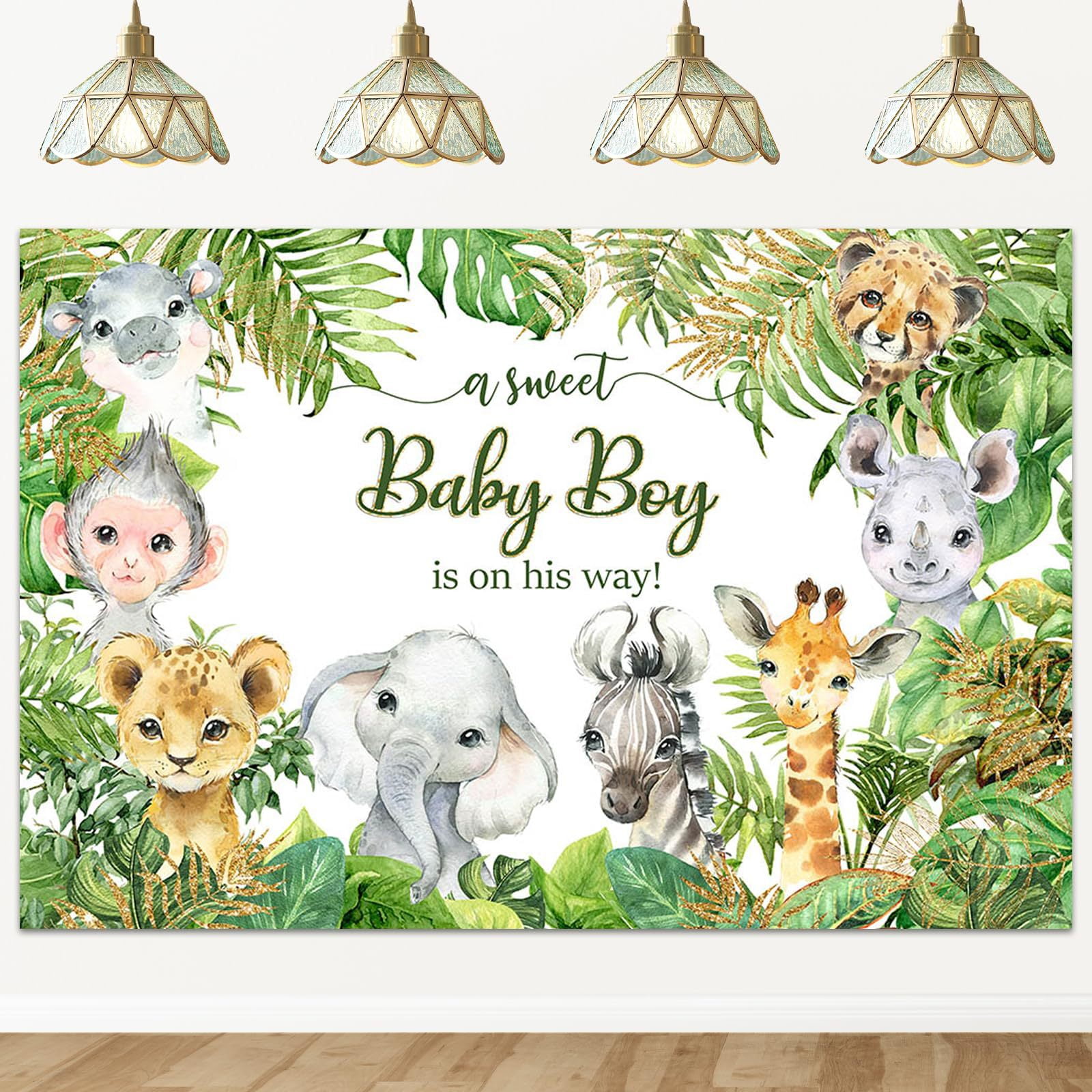 Jungle Safari Birthday Backdrop Tropical Jungle Palm Leaves Animals ...