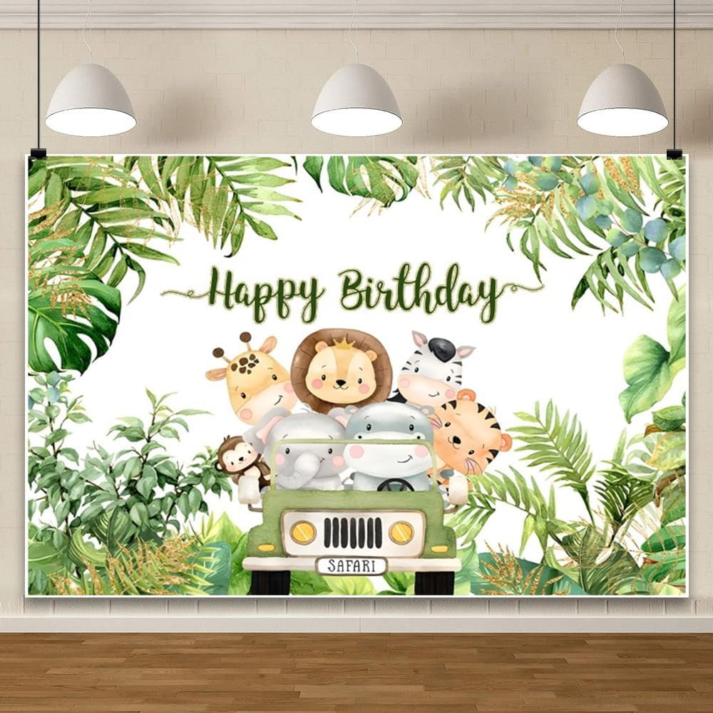 Jungle Safari Birthday Backdrop Tropical Jungle Palm Leaves Animals ...
